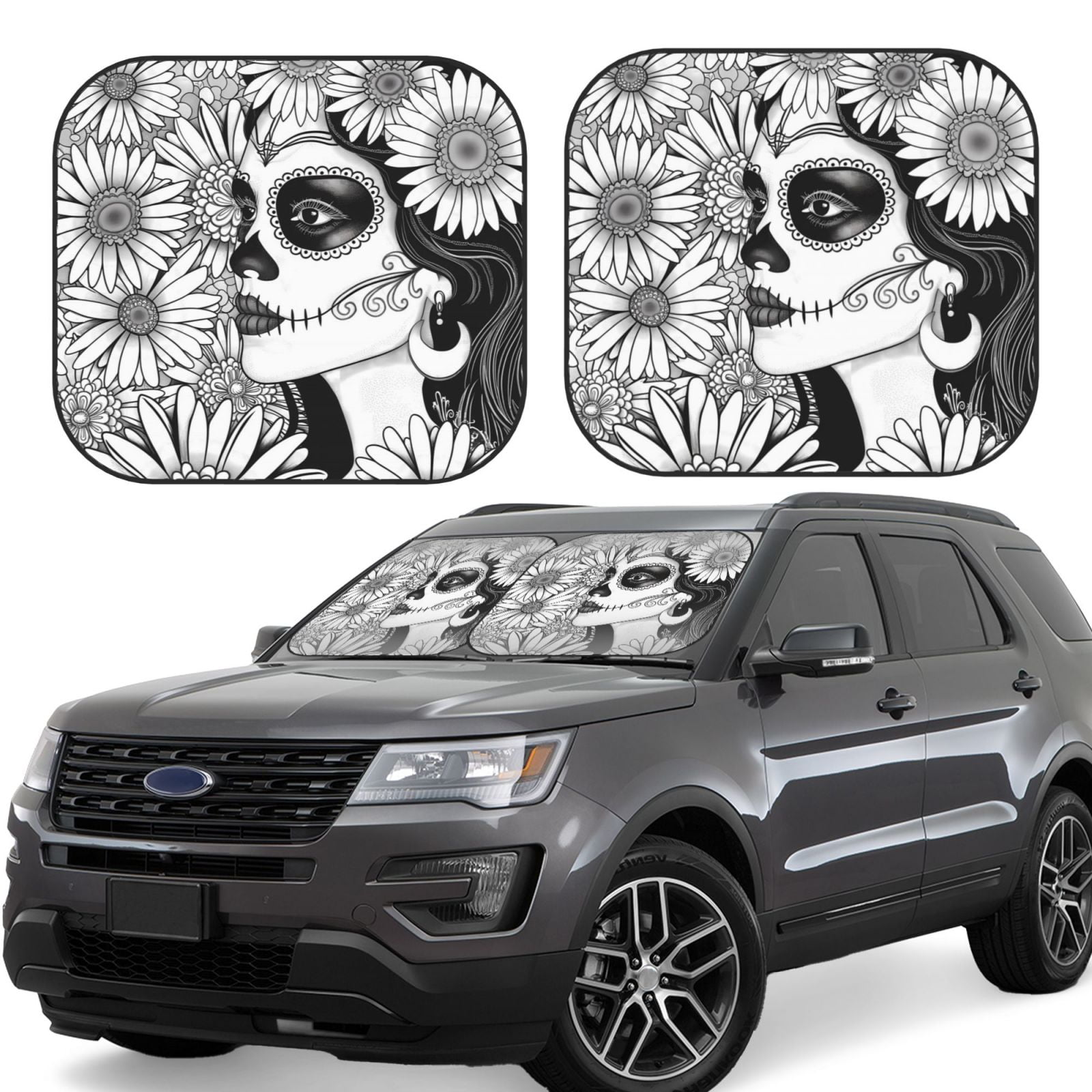 KLL Floral Sugar Skull Portrait Windshield Sun Shade 2-Piece Foldable ...