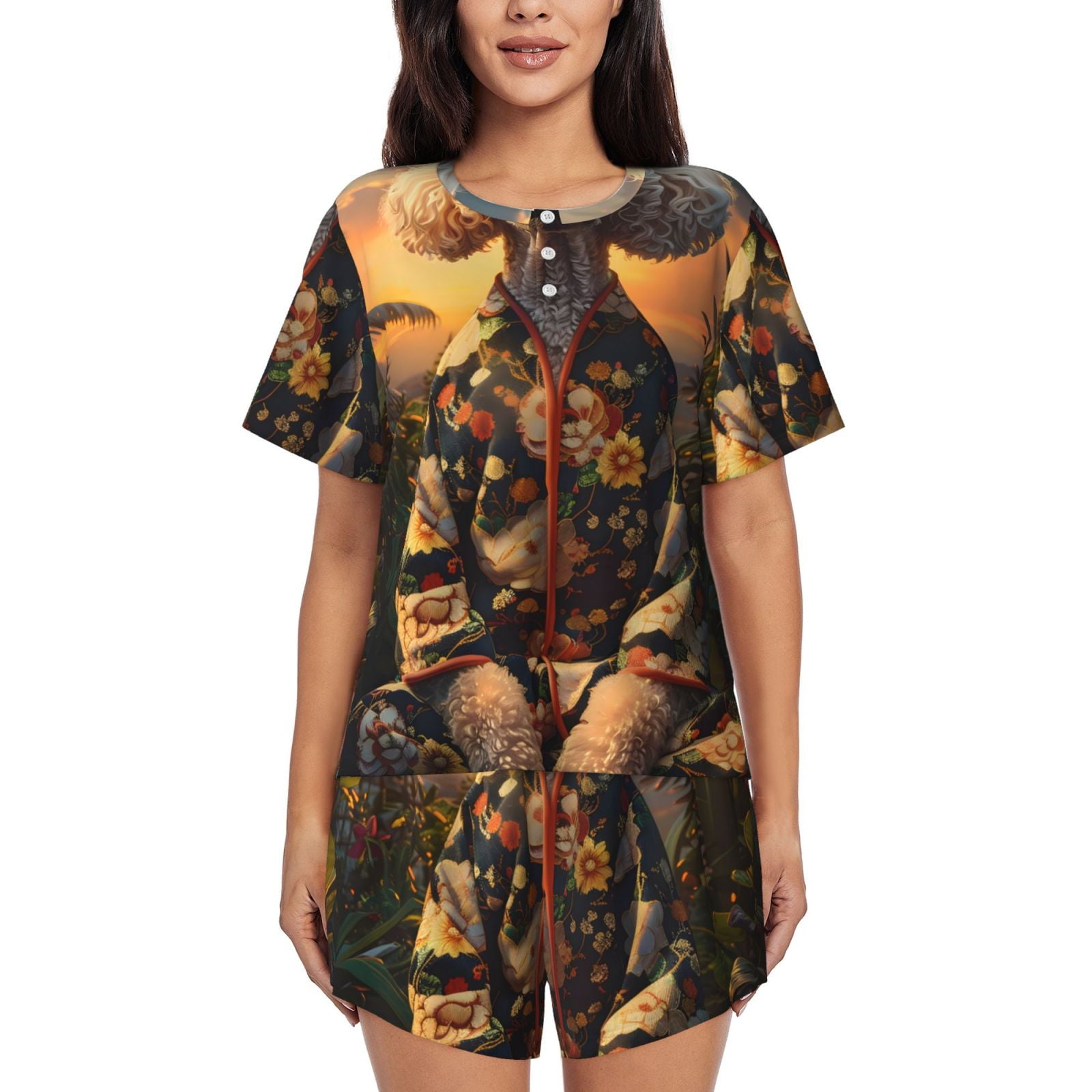 KLL Flower Field Poodle Print Pajama Set for Women Short Sleeve ...