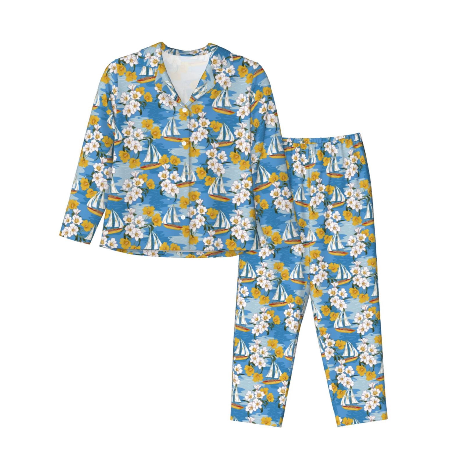KLL Flower and Sail Boat Print Women's Long Sleeve Pajamas with Pants ...