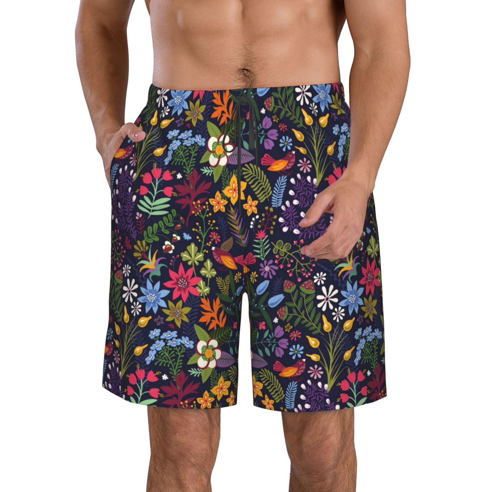 KLL Flowers And Birds Men's Casual Summer Beach Shorts Hawaiian Shorts ...