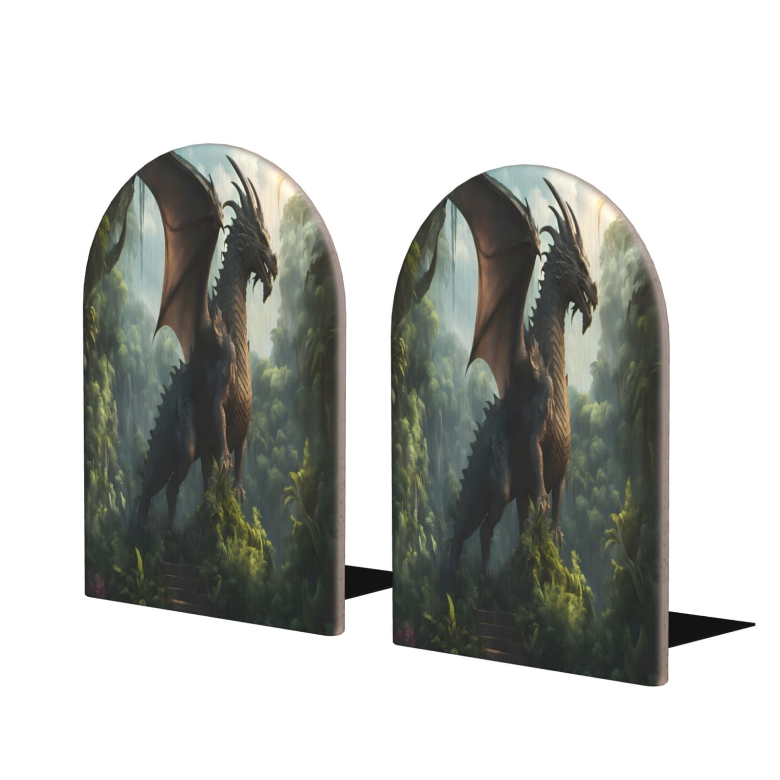 KLL Forest Stone-Colored Dragon Print Wood Book Ends for Shelves,1 Pair ...