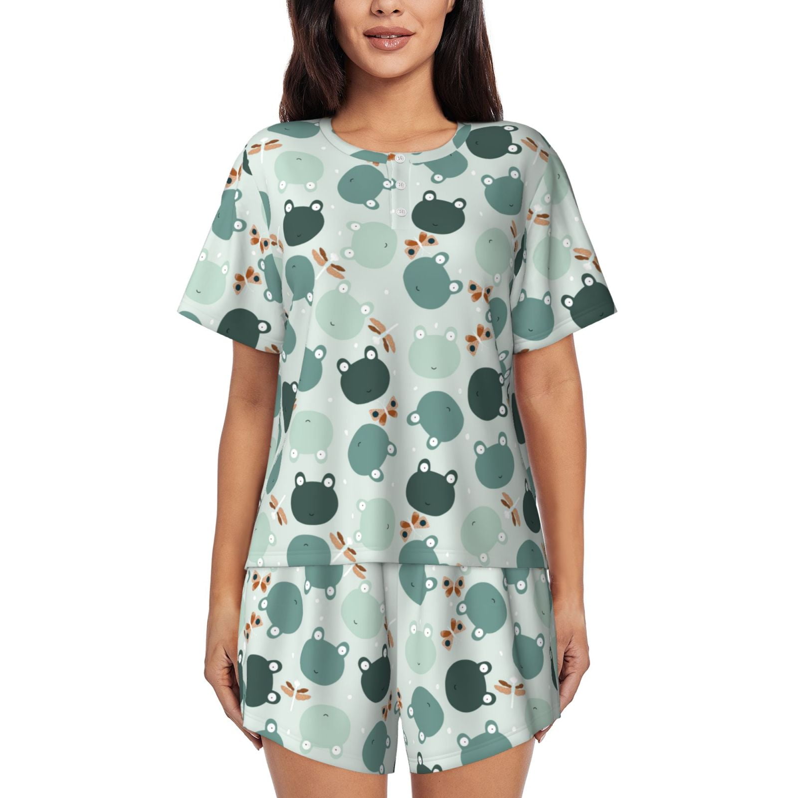 KLL Frog And Dragonflies Print Pajama Set for Women Short Sleeve ...
