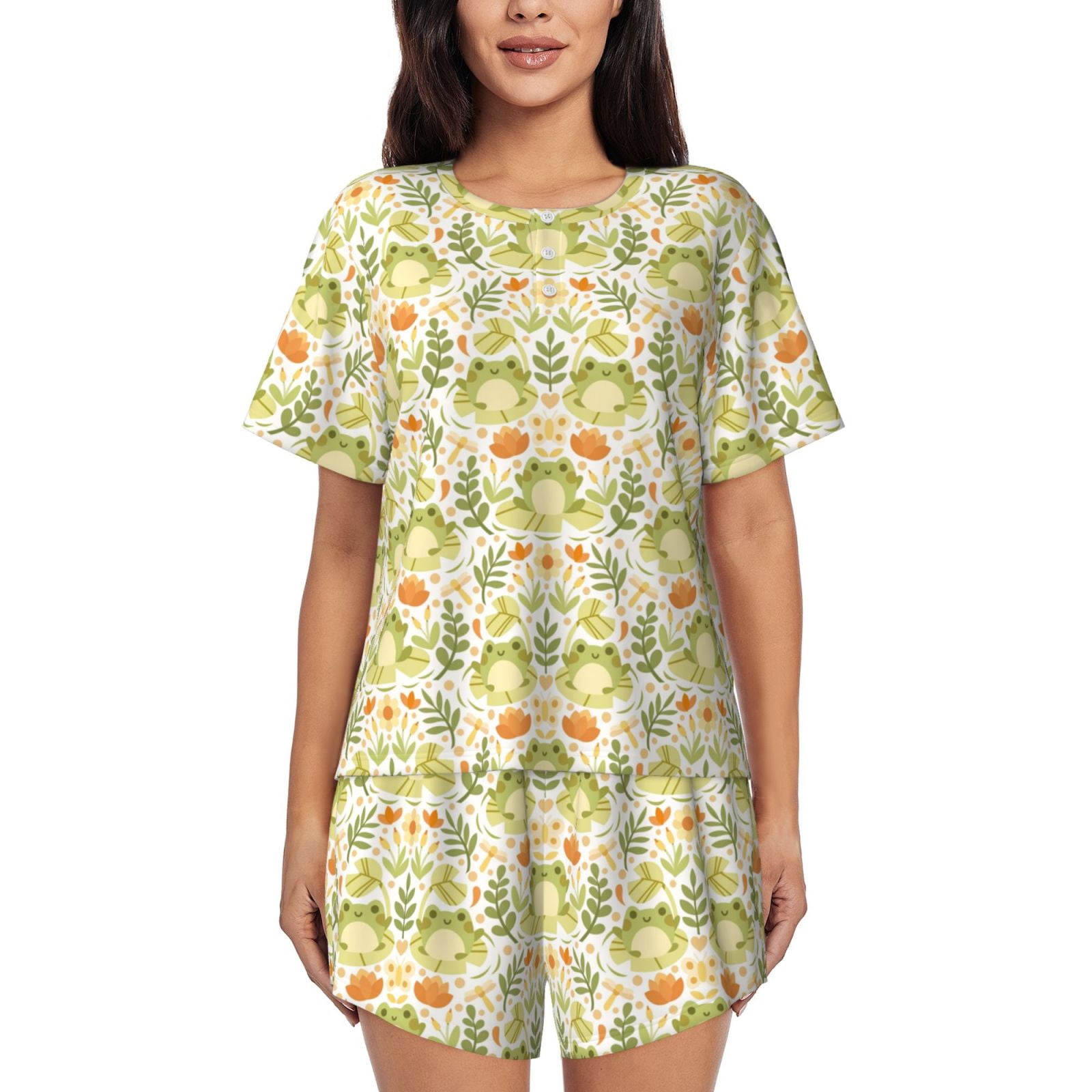 KLL Frogs And Botanical Print Pajama Set for Women Short Sleeve ...