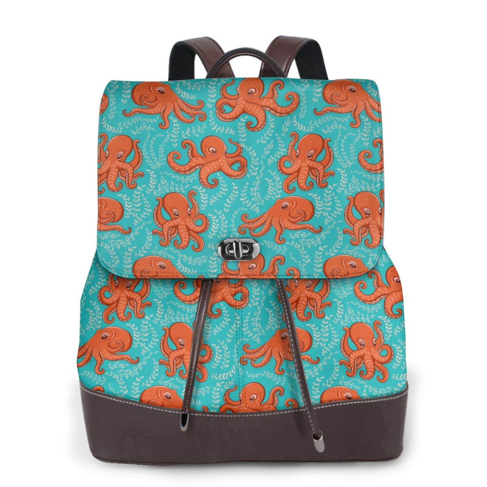 KLL Fun Octopus Print Leather Backpack,PU Leather Laptop Backpack Purse ...