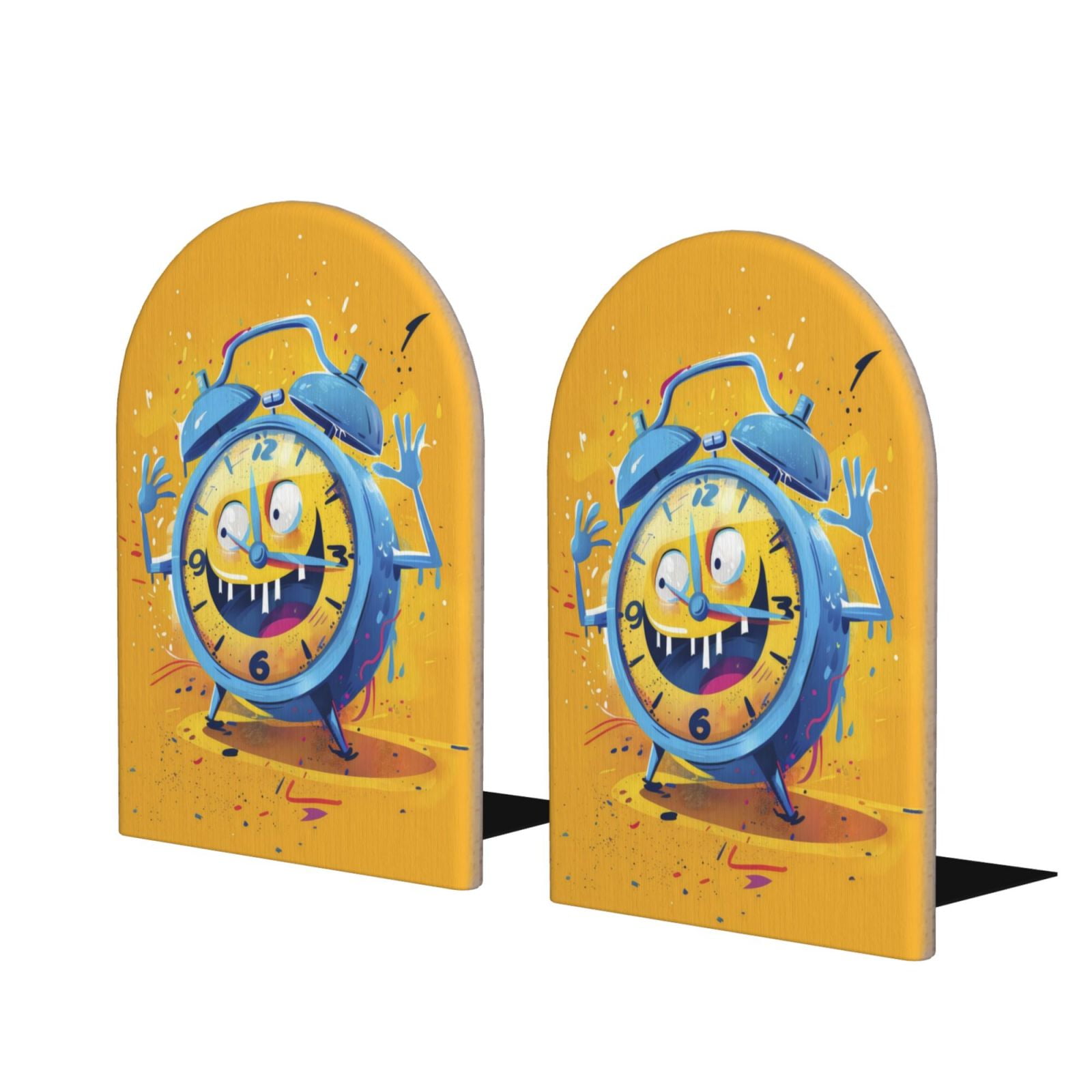 KLL Funny Alarm Clock Illustration Print Wood Book Ends for Shelves,1 ...