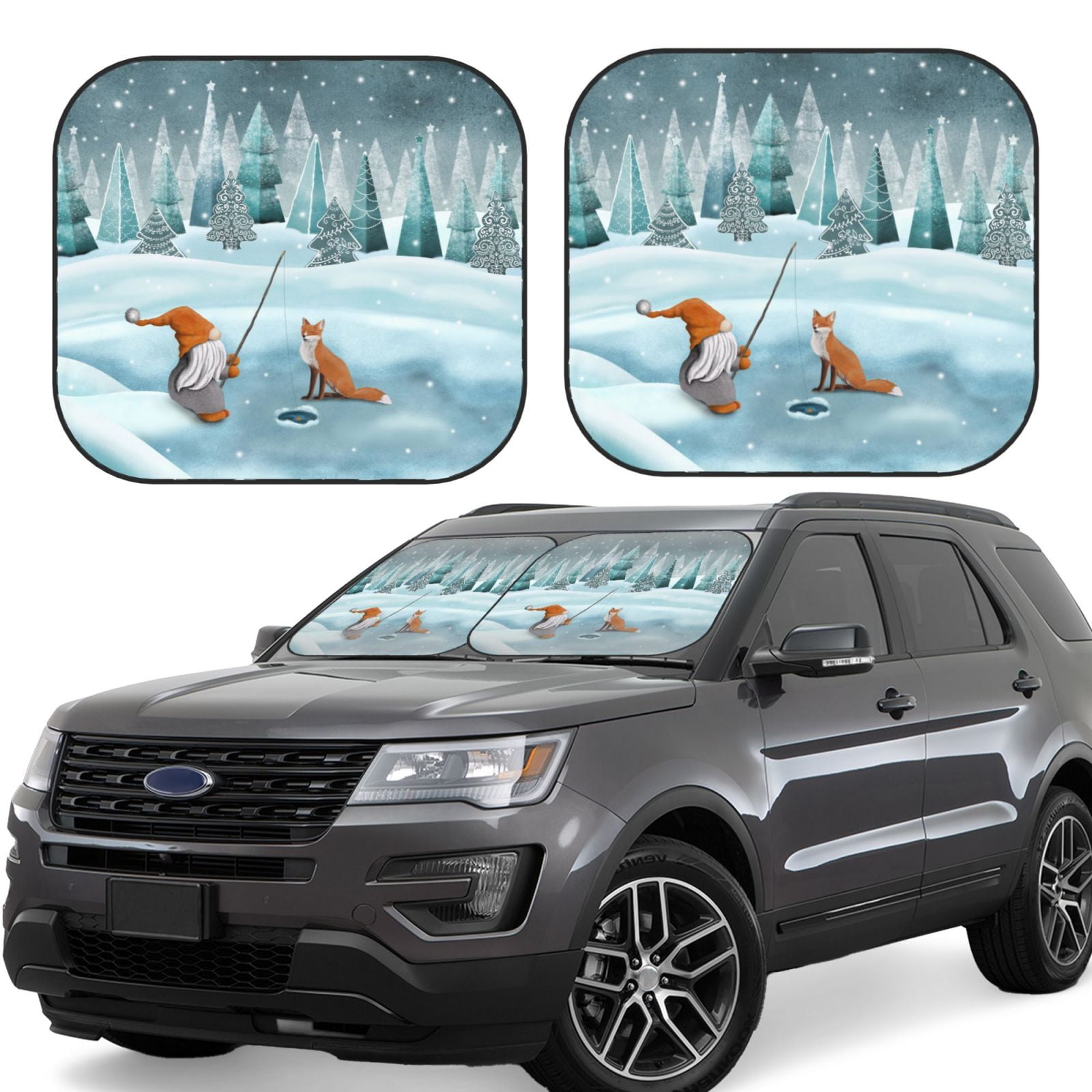 KLL Gnome And Red Fox Fishing Windshield Sun Shade 2-Piece Foldable Car ...
