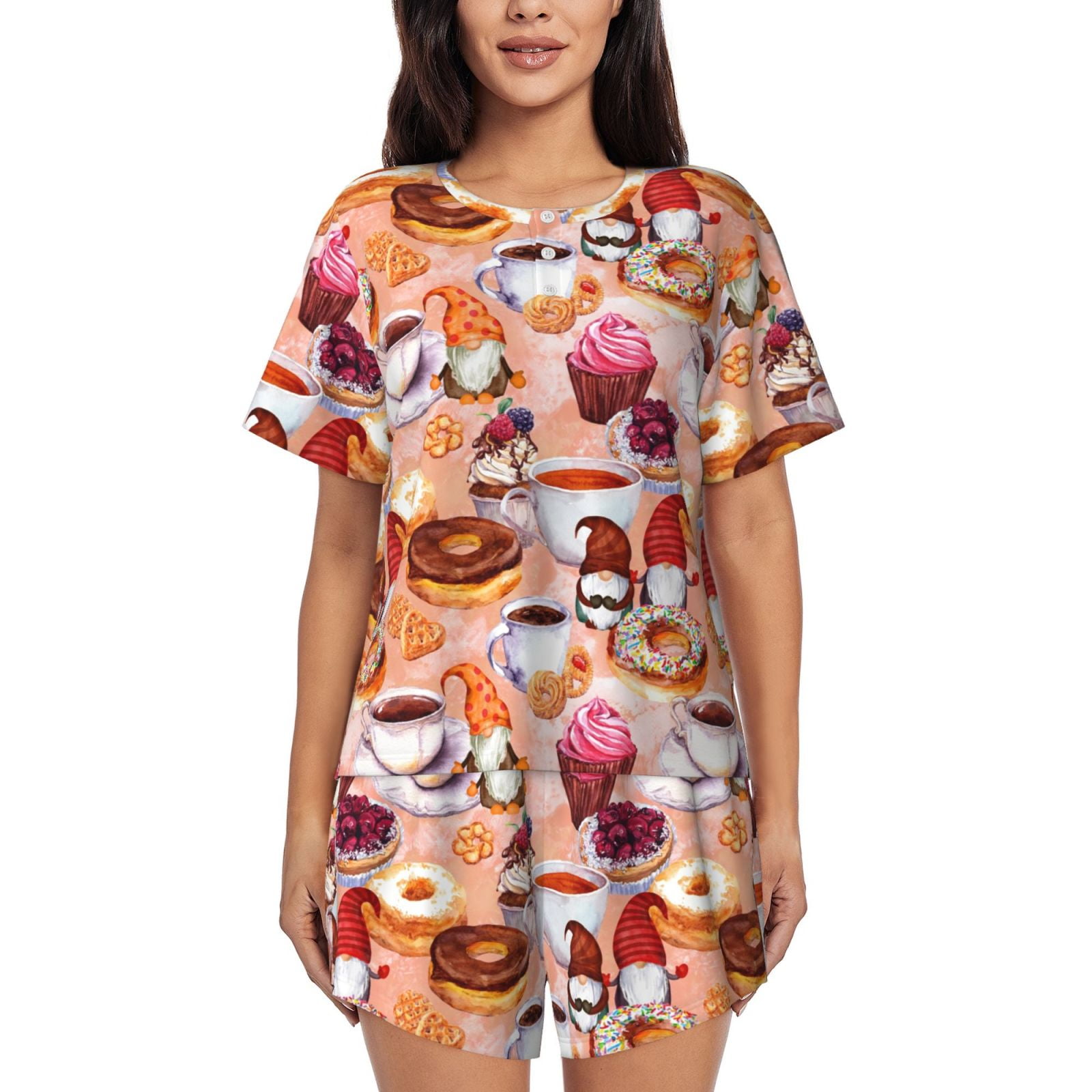 KLL Gnomes With Coffee Print Pajama Set for Women Short Sleeve Sleepwear Pjs Soft 2 Piece Lounge ...