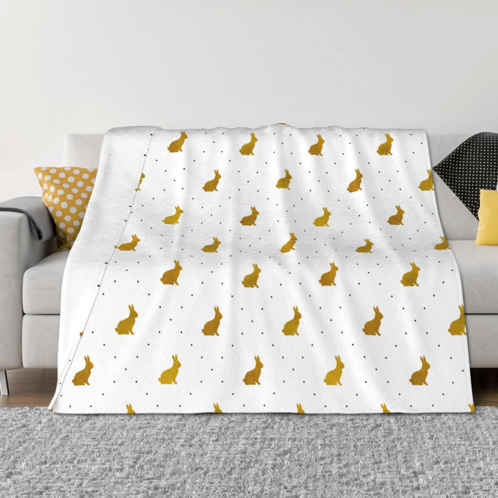 KLL Gold Rabbit Print Fleece Throw Blanket, Horizontal Fleece Bedding ...