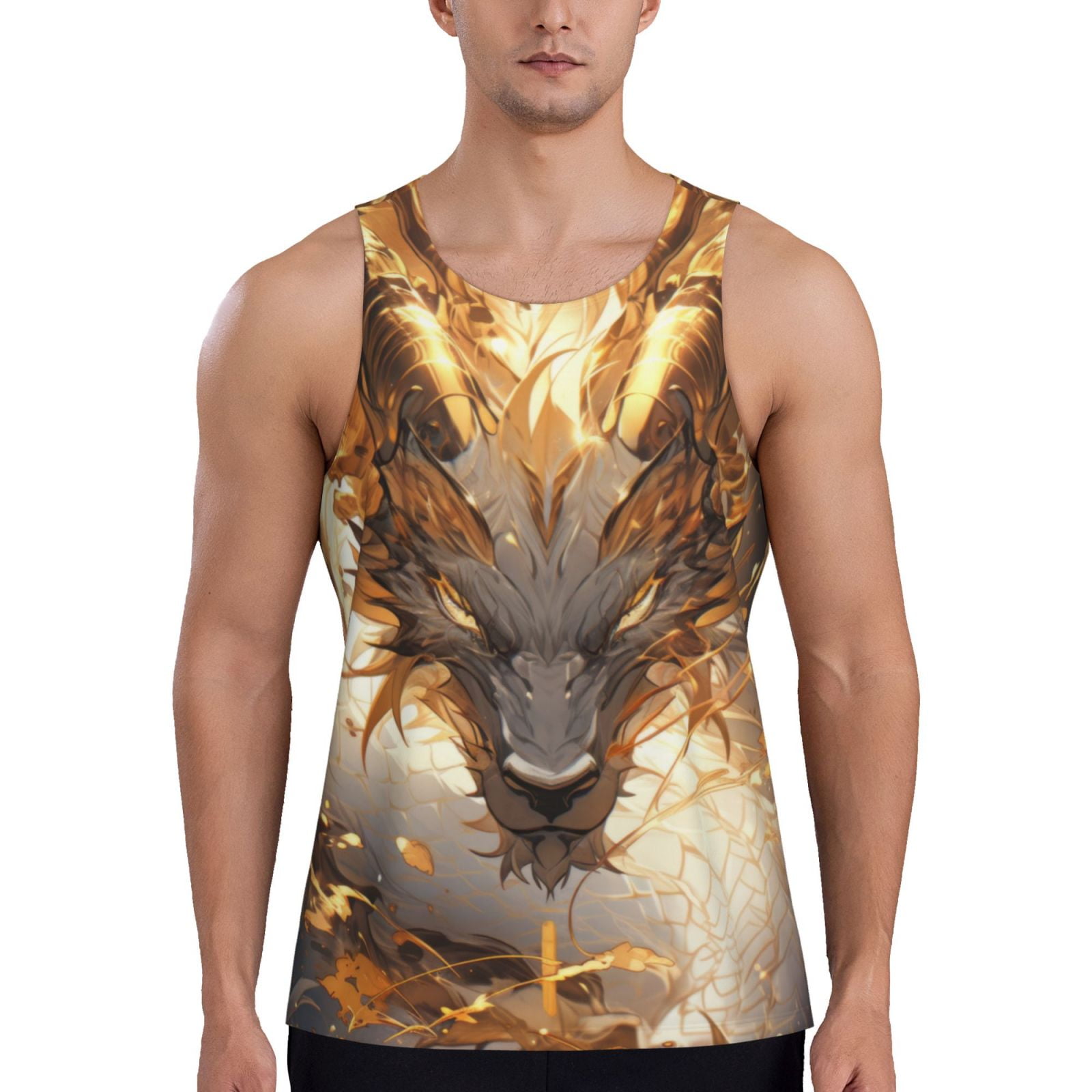 KLL Golden Horned White Dragon Print Men's Muscle Gym Workout Stringer Tank Tops Bodybuilding ...