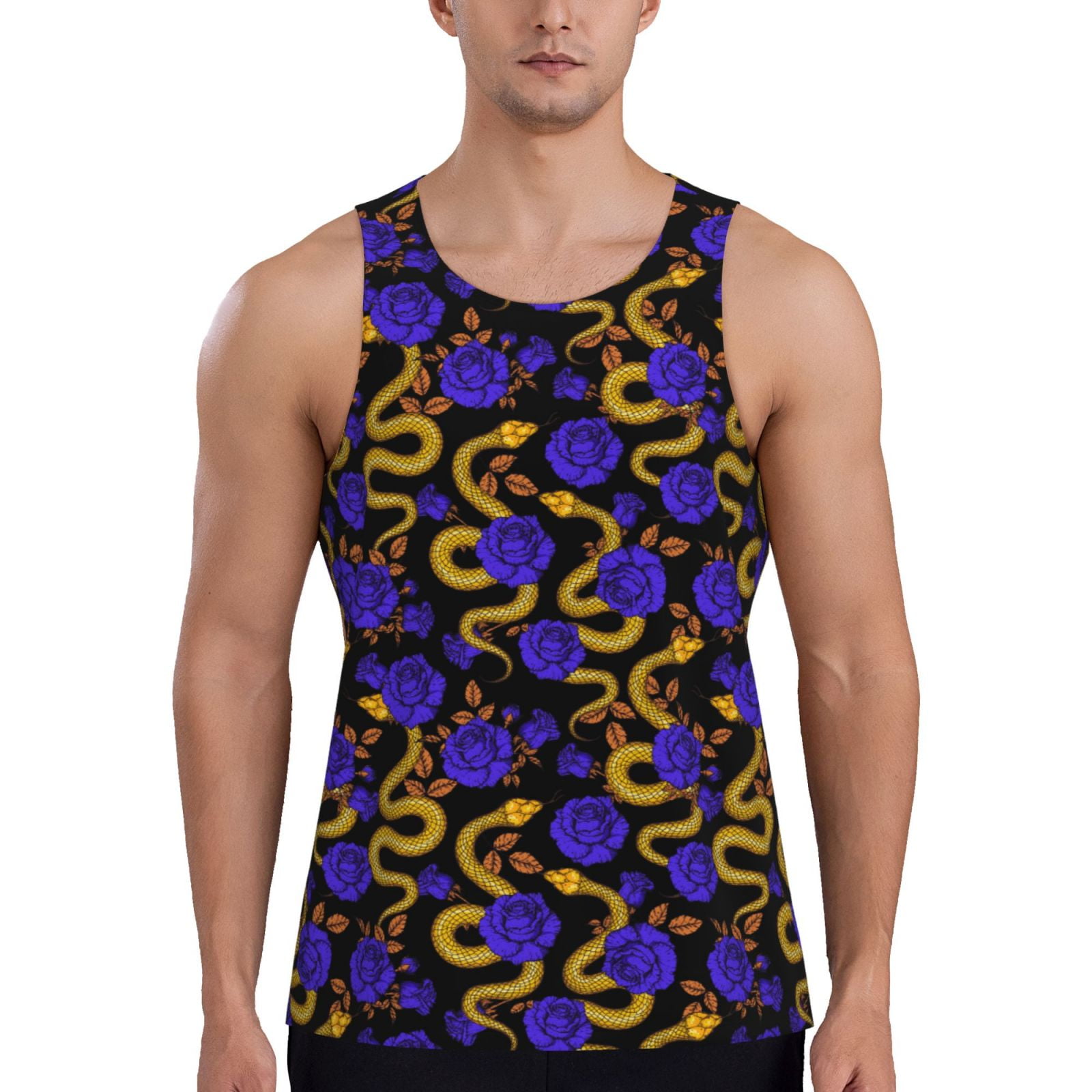 KLL Golden Snake And Purple Rose Print Men's Muscle Gym Workout ...