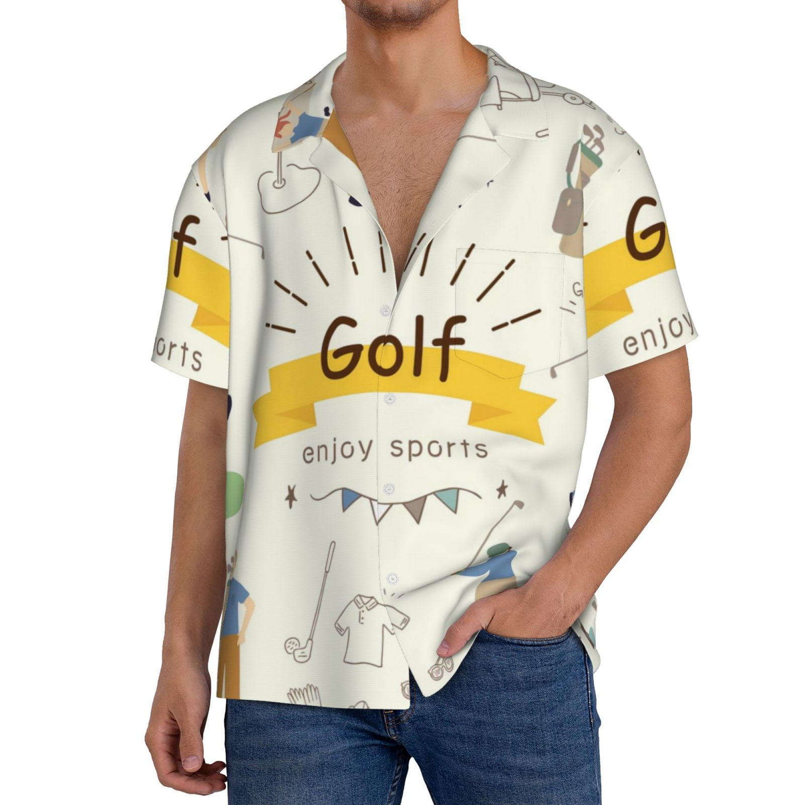KLL Golf Icons And Golfer Print Men's Shirt Short Sleeve Button Down ...