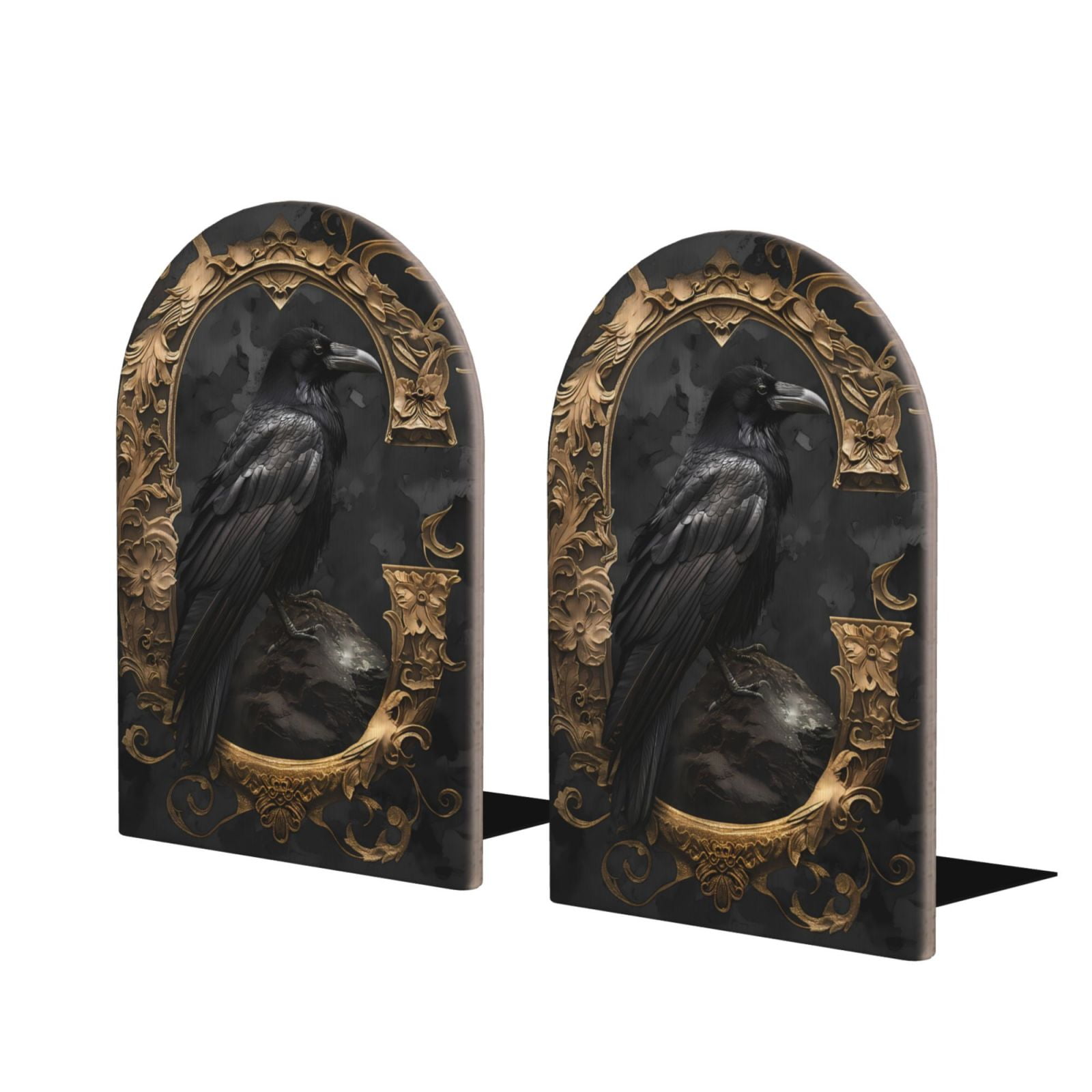 KLL Gothic Raven Portrait Print Wood Book Ends for Shelves,1 Pair Wood ...