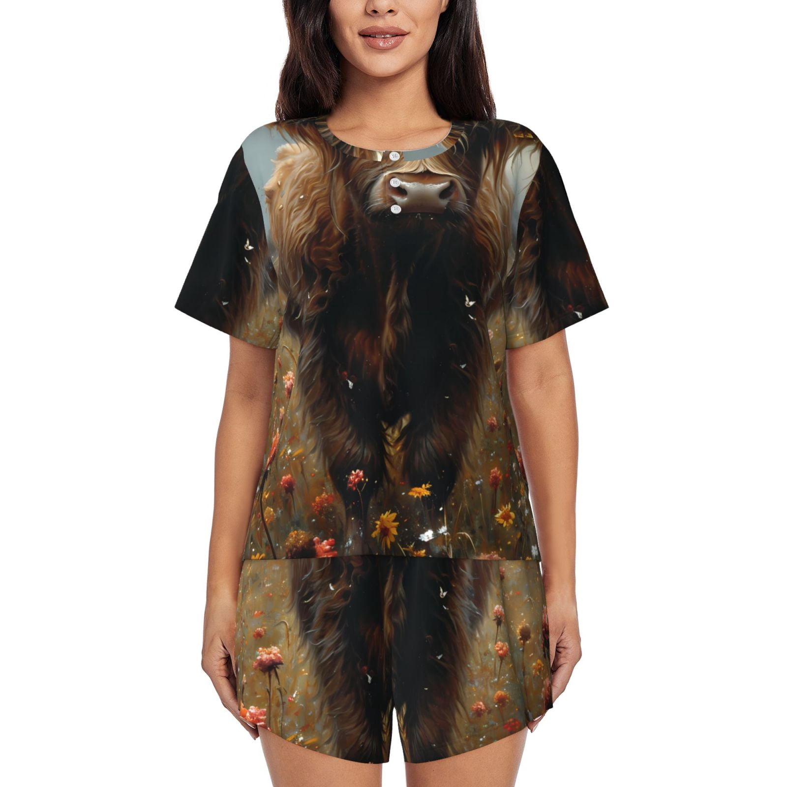 KLL Grassland Sunflower Cow Print Pajama Set for Women Short Sleeve ...