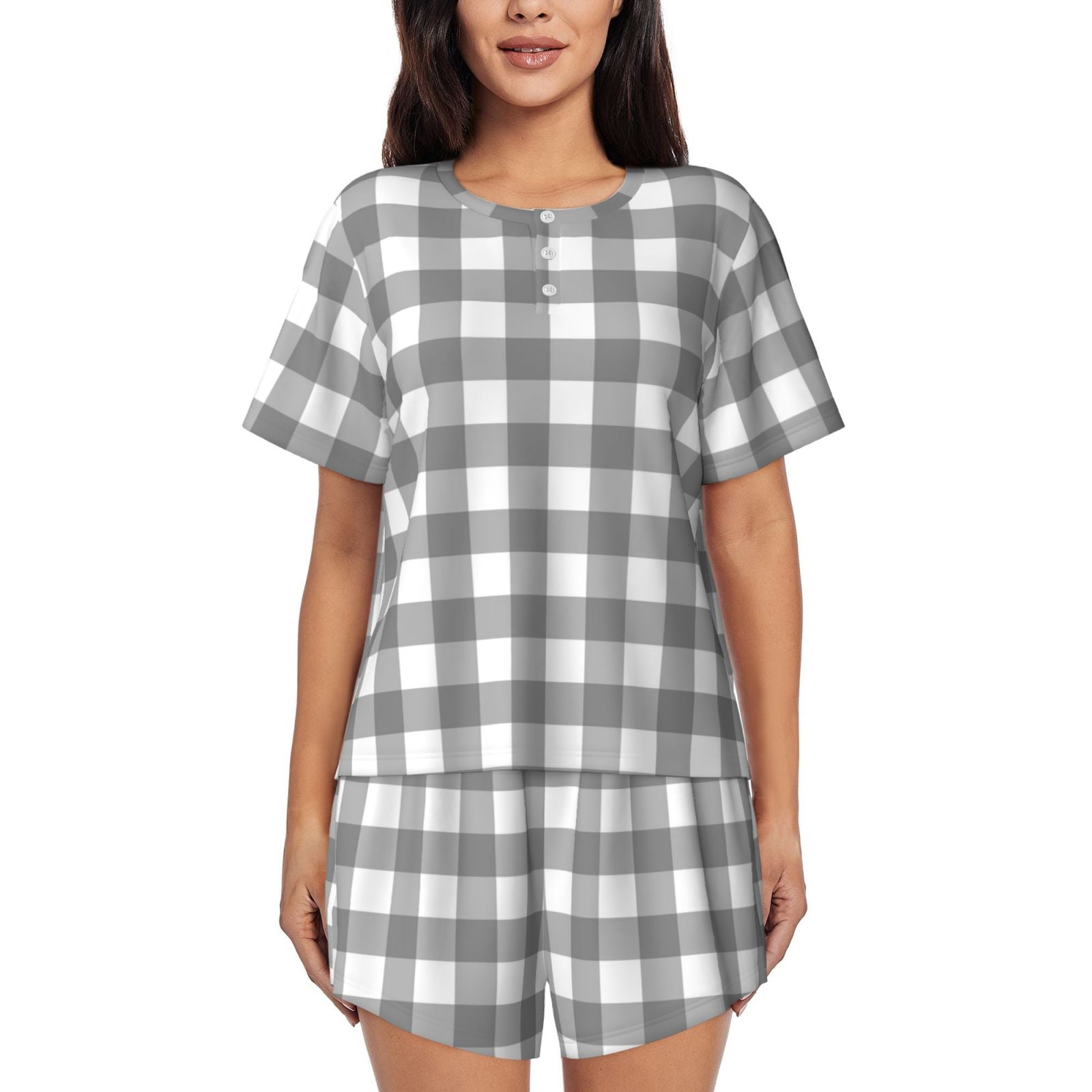 KLL Gray Checkboard Print Pajama Set for Women Short Sleeve Sleepwear ...