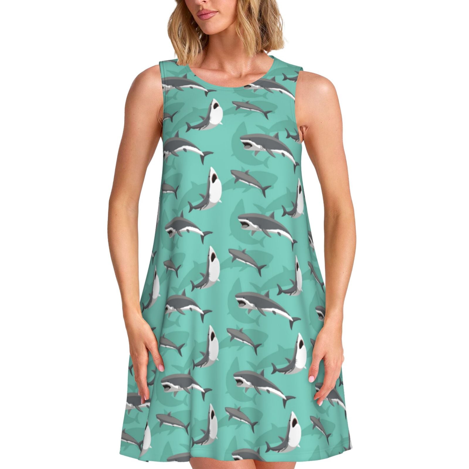 KLL Great White Shark Pattern Womens Summer Dresses 2025,Loose Round ...