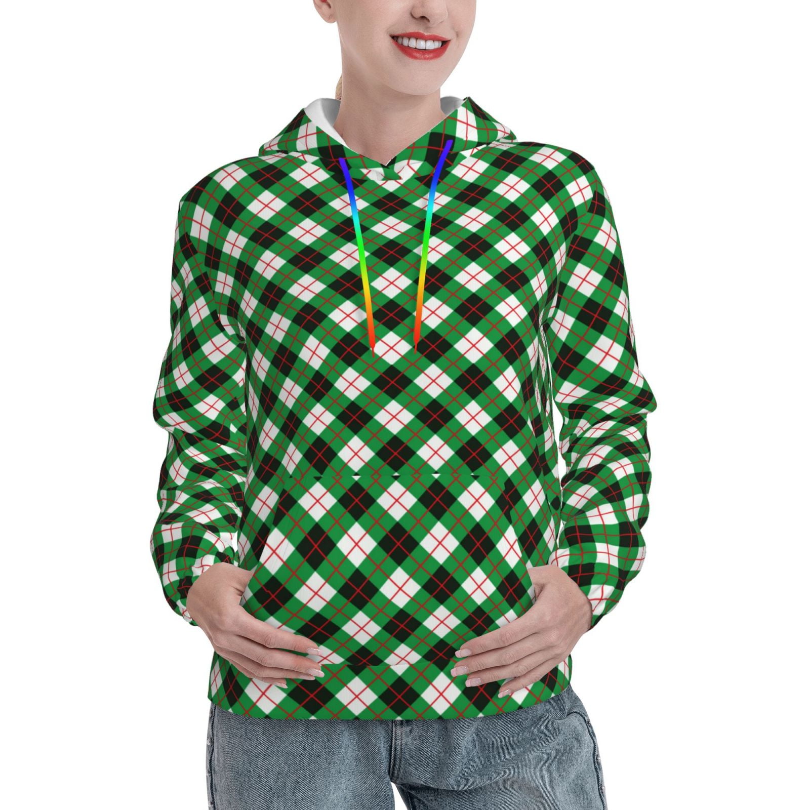 KLL Green Argyle Plaid for Womens Pullover Hoodie with Pocket Hooded ...