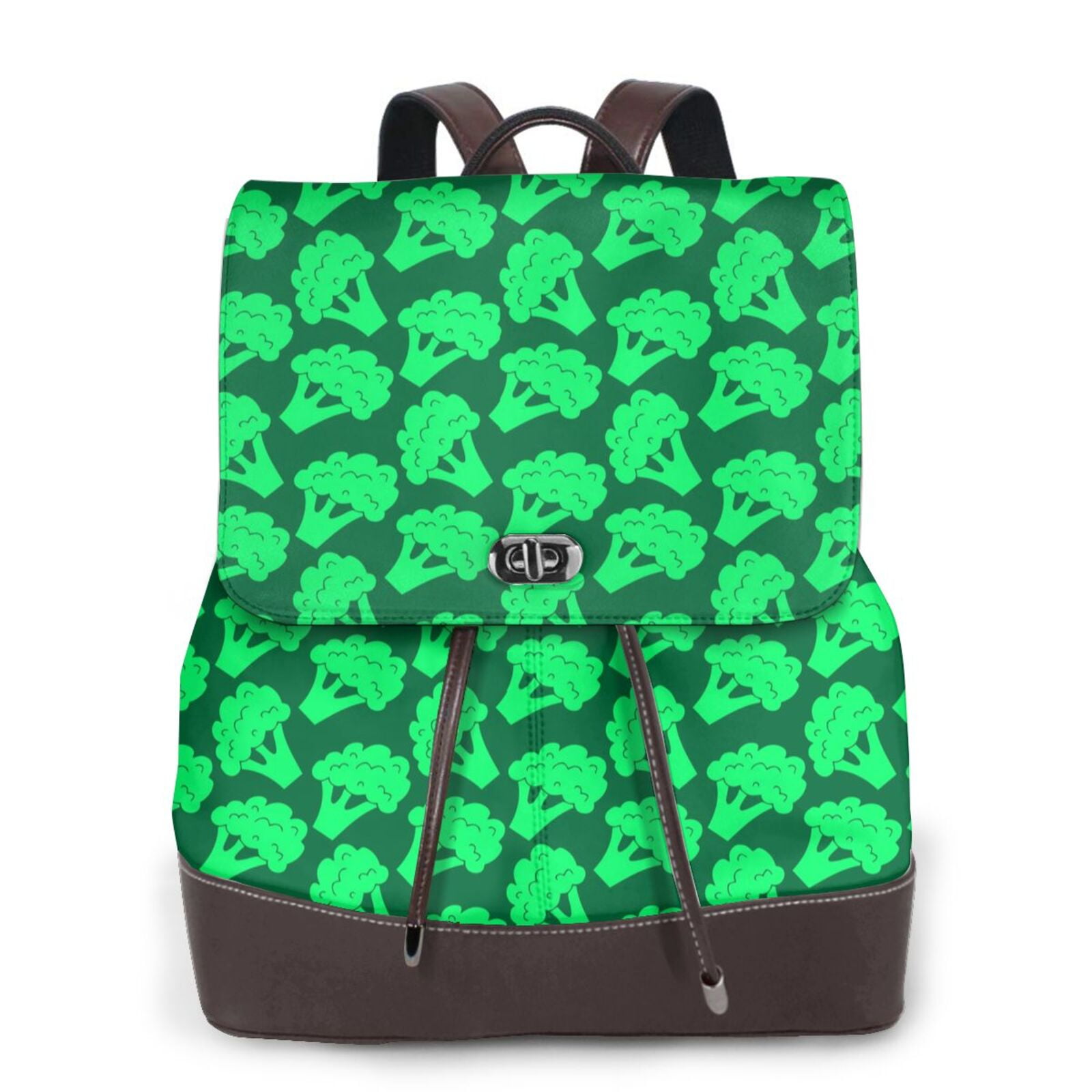 KLL Green Broccoli Print Leather Backpack,PU Leather Laptop Backpack ...