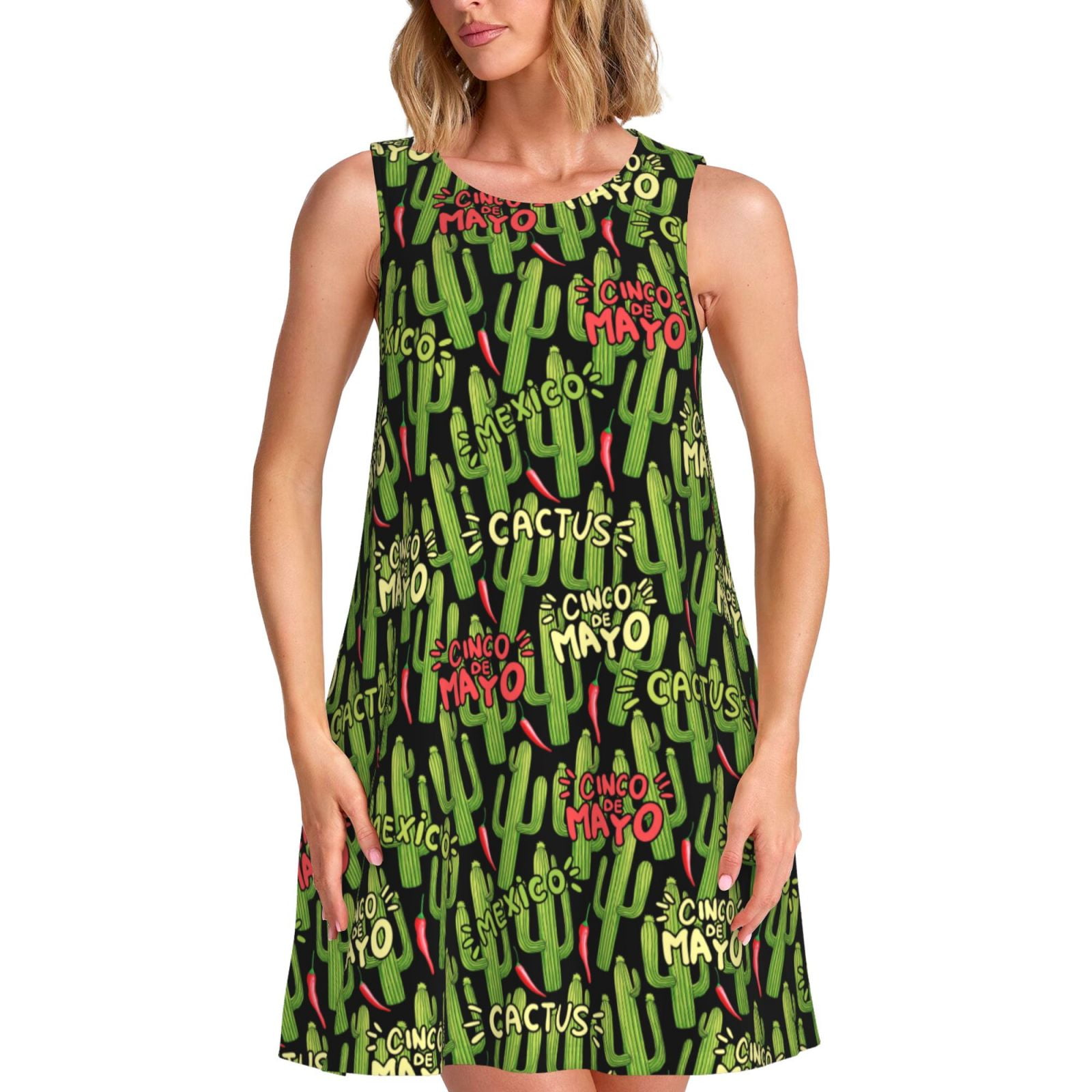 KLL Green Cacti And Red Chili Pattern Womens Summer Dresses 2025,Loose ...