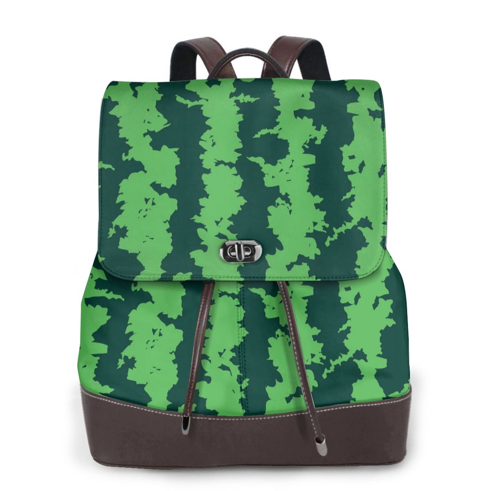 KLL Green Stripes Of Watermelon Print Leather Backpack,PU Leather ...