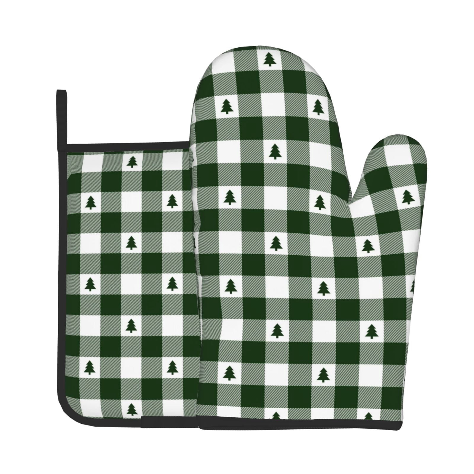 KLL Green White Christmas Tree Lumberjack Plaid Pattern Oven Mitts and ...