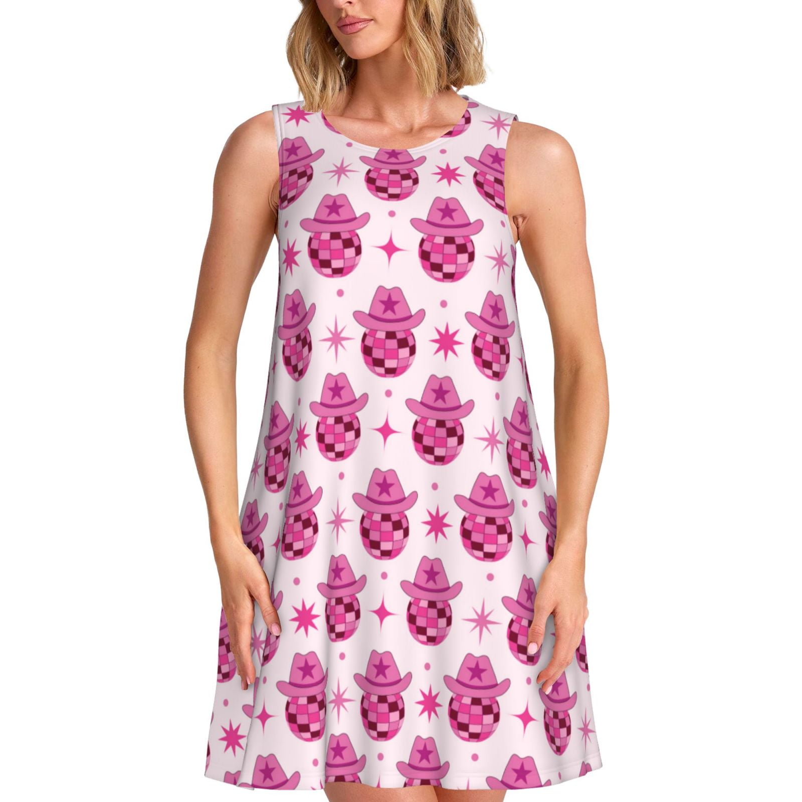 KLL Groovy Pink Disco Balls Pattern Womens Summer Dresses 2025,Loose ...