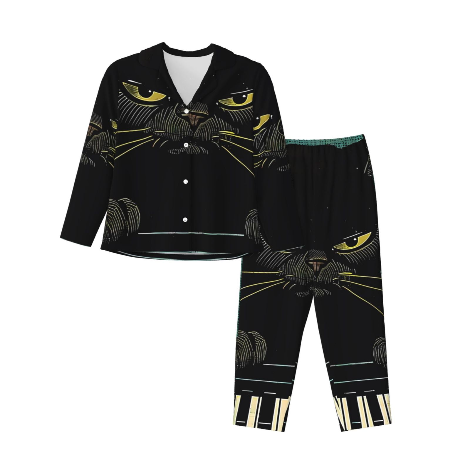 KLL Grumpy Cat Pianist Print Women's Long Sleeve Pajamas with Pants ...