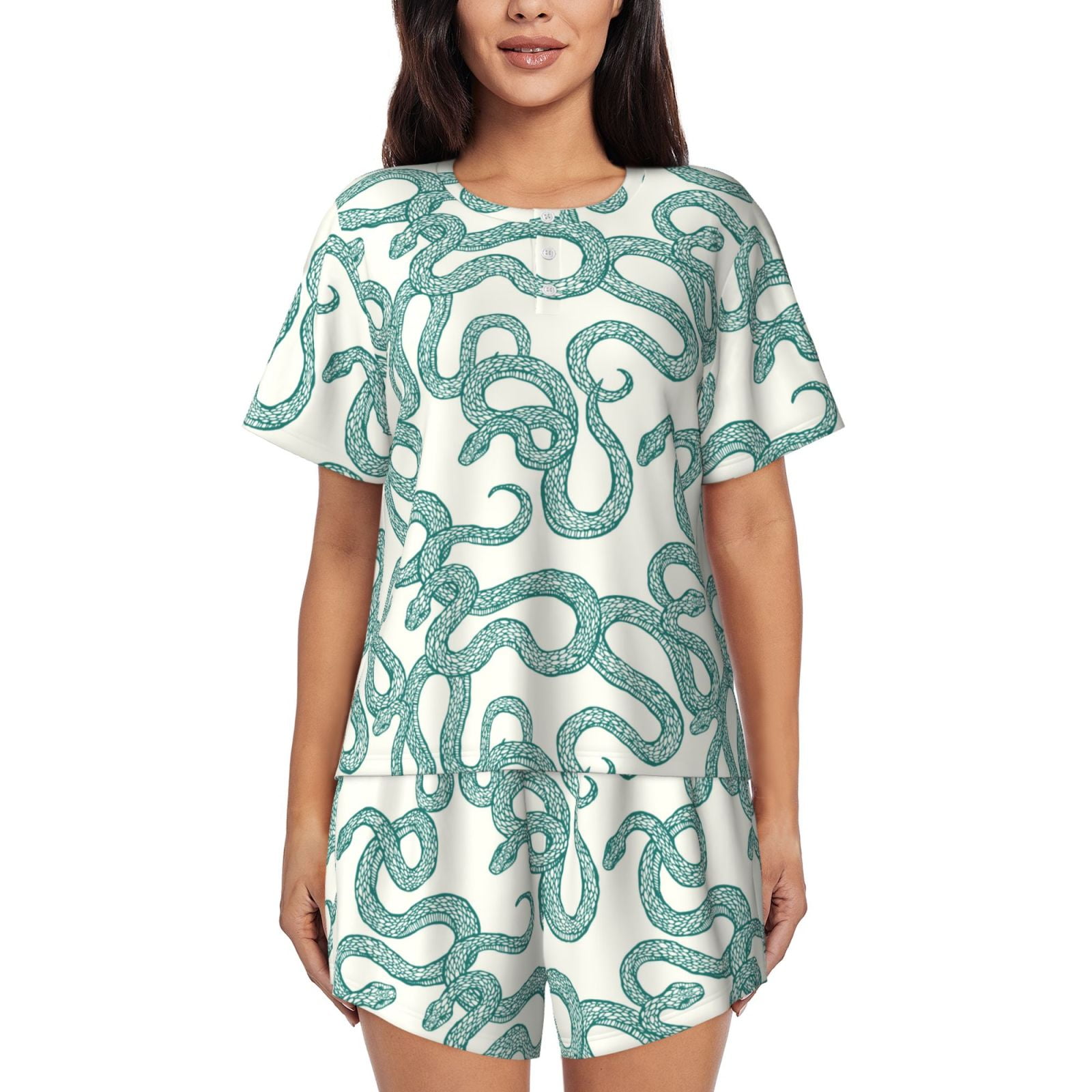 KLL Hand Drawn Snake Print Pajama Set for Women Short Sleeve Sleepwear ...