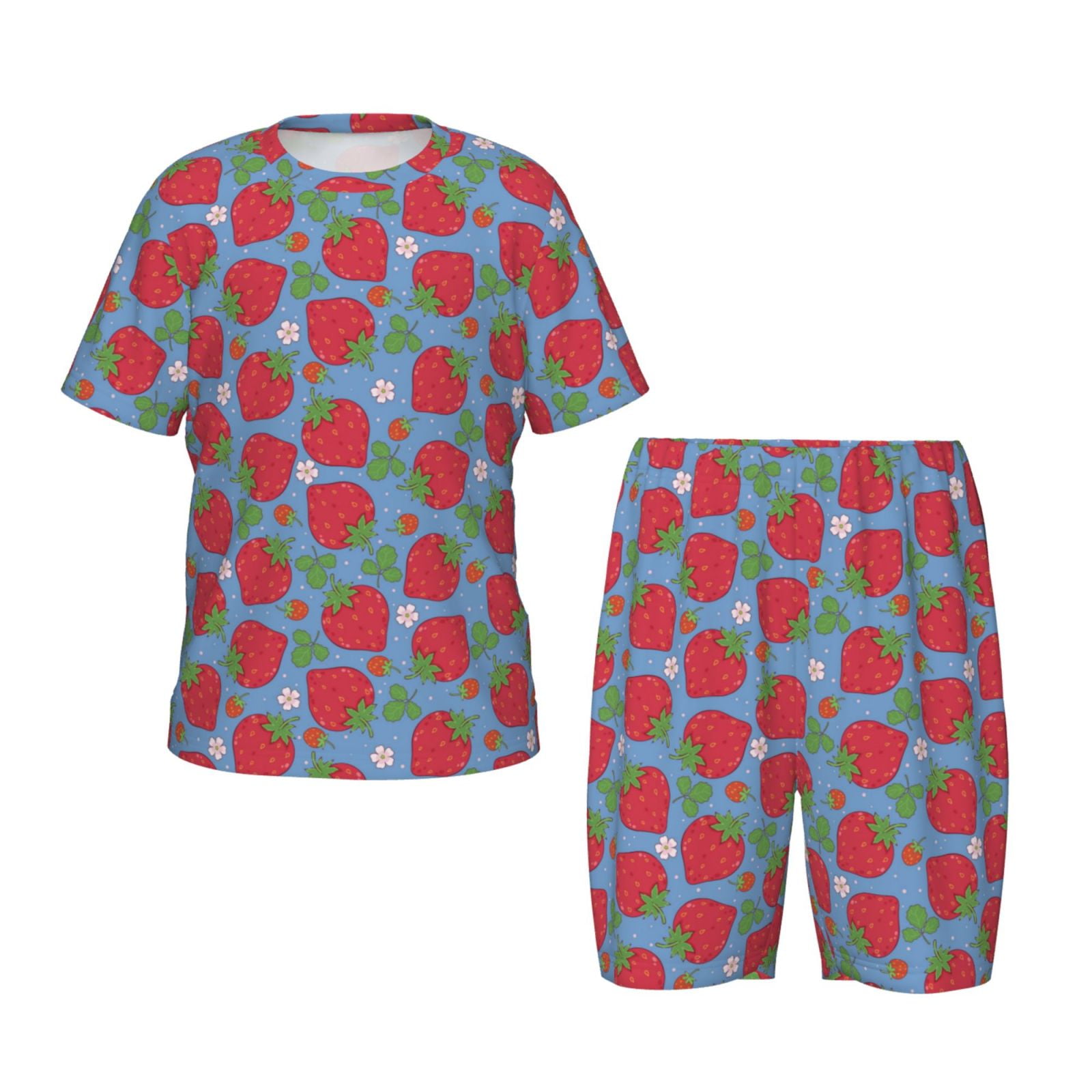 KLL Hand Drawn Strawberry Print Kids' Short-Sleeved Pajama Set,Soft ...