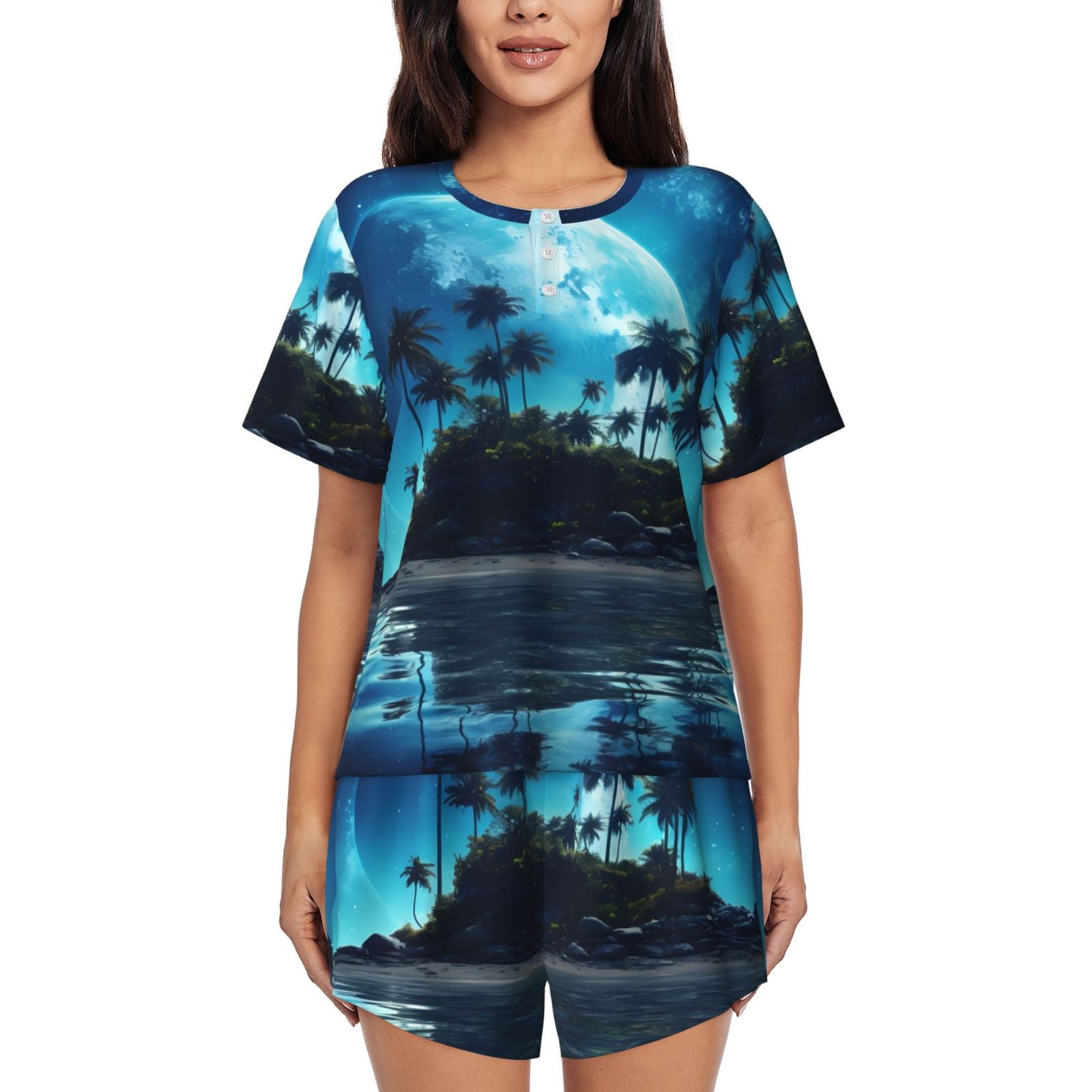 KLL Hawaiian Beach Pirate Moon Print Pajama Set for Women Short Sleeve ...