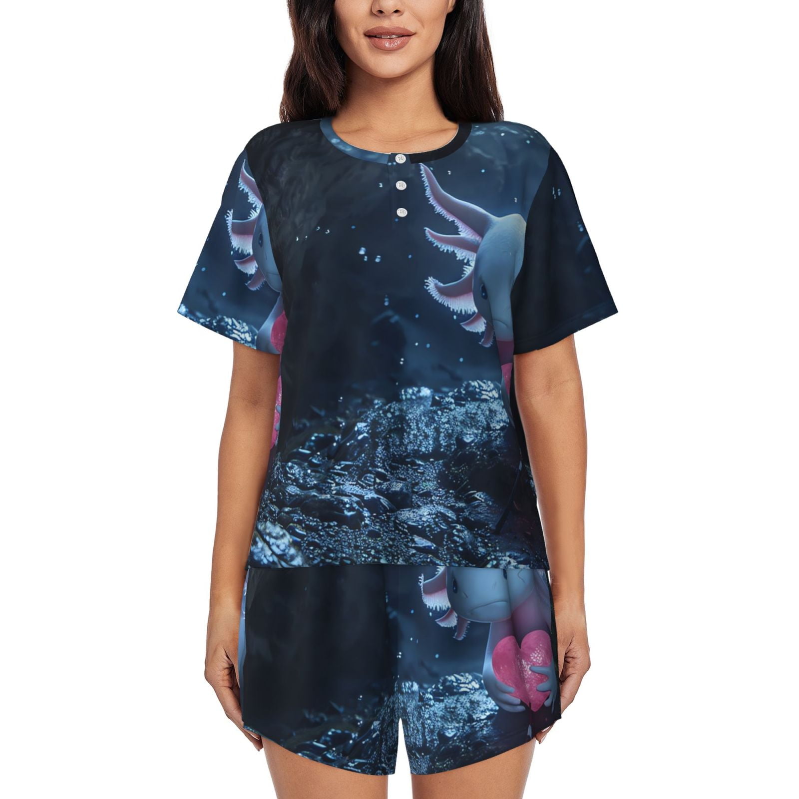 KLL Heart Axolotl Print Pajama Set for Women Short Sleeve Sleepwear Pjs Soft 2 Piece Lounge ...