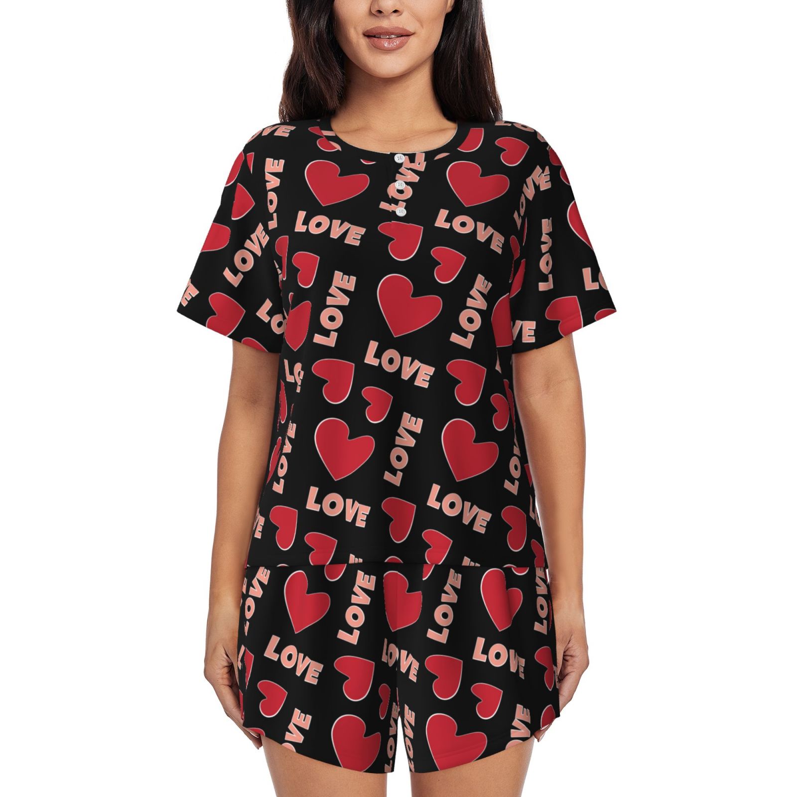 KLL Heart Print Pajama Set for Women Short Sleeve Sleepwear Pjs Soft 2 Piece Lounge Sleepwear ...