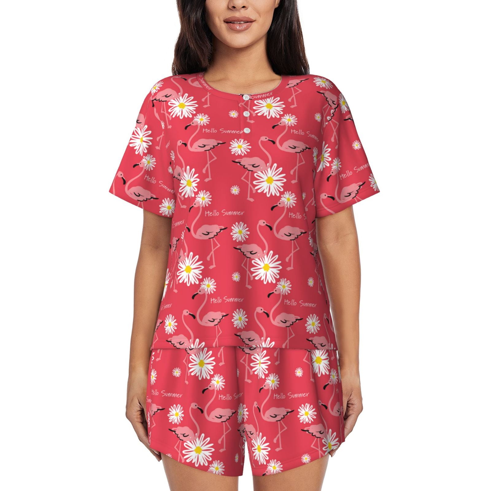 KLL Hello Summer Flamingo Print Pajama Set for Women Short Sleeve Sleepwear Pjs Soft 2 Piece ...