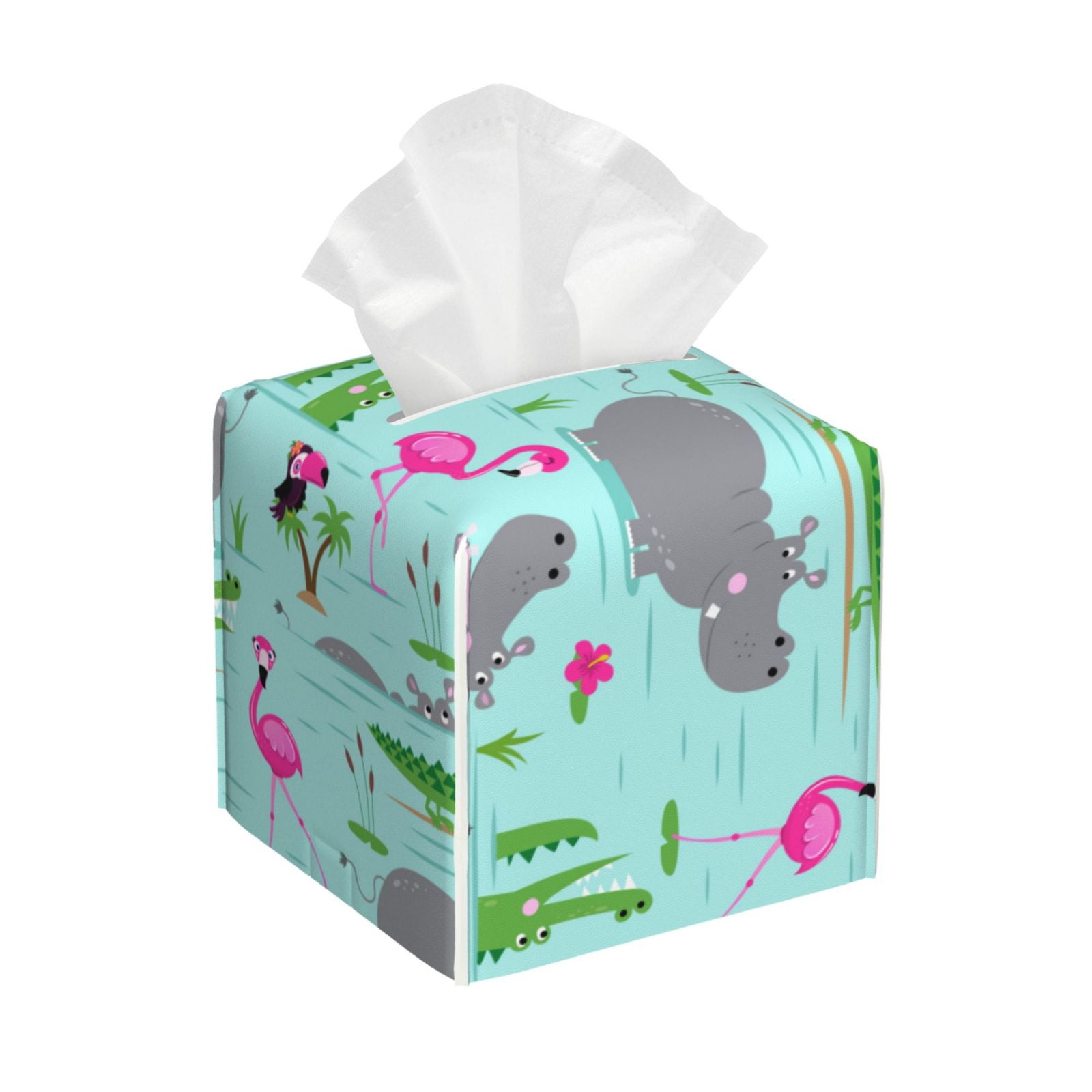 KLL Hippo With Flamingos And Crocodiles Print Tissue Box Cover,Leather ...