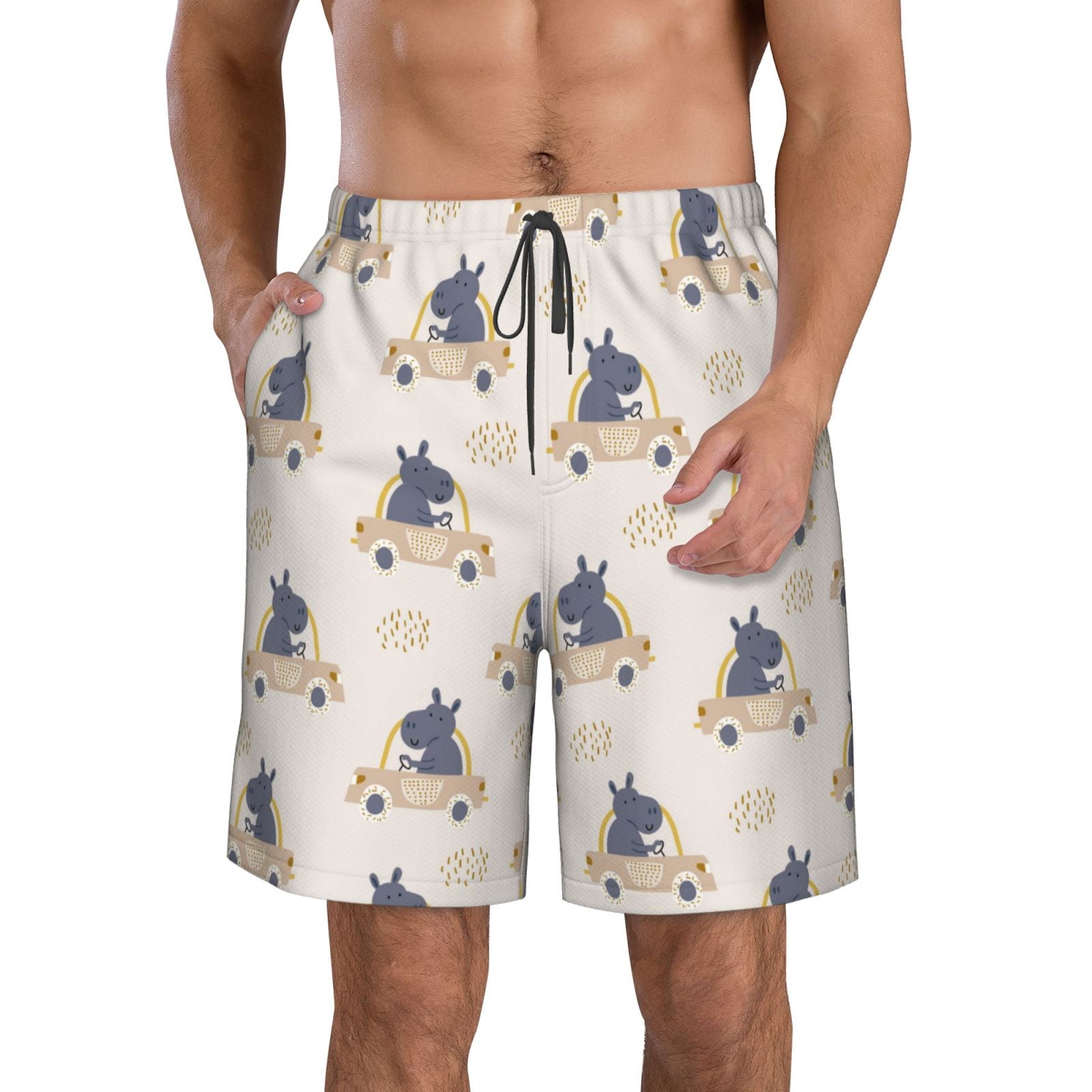 KLL Hippos Driving A Car Men's Casual Summer Beach Shorts Hawaiian ...
