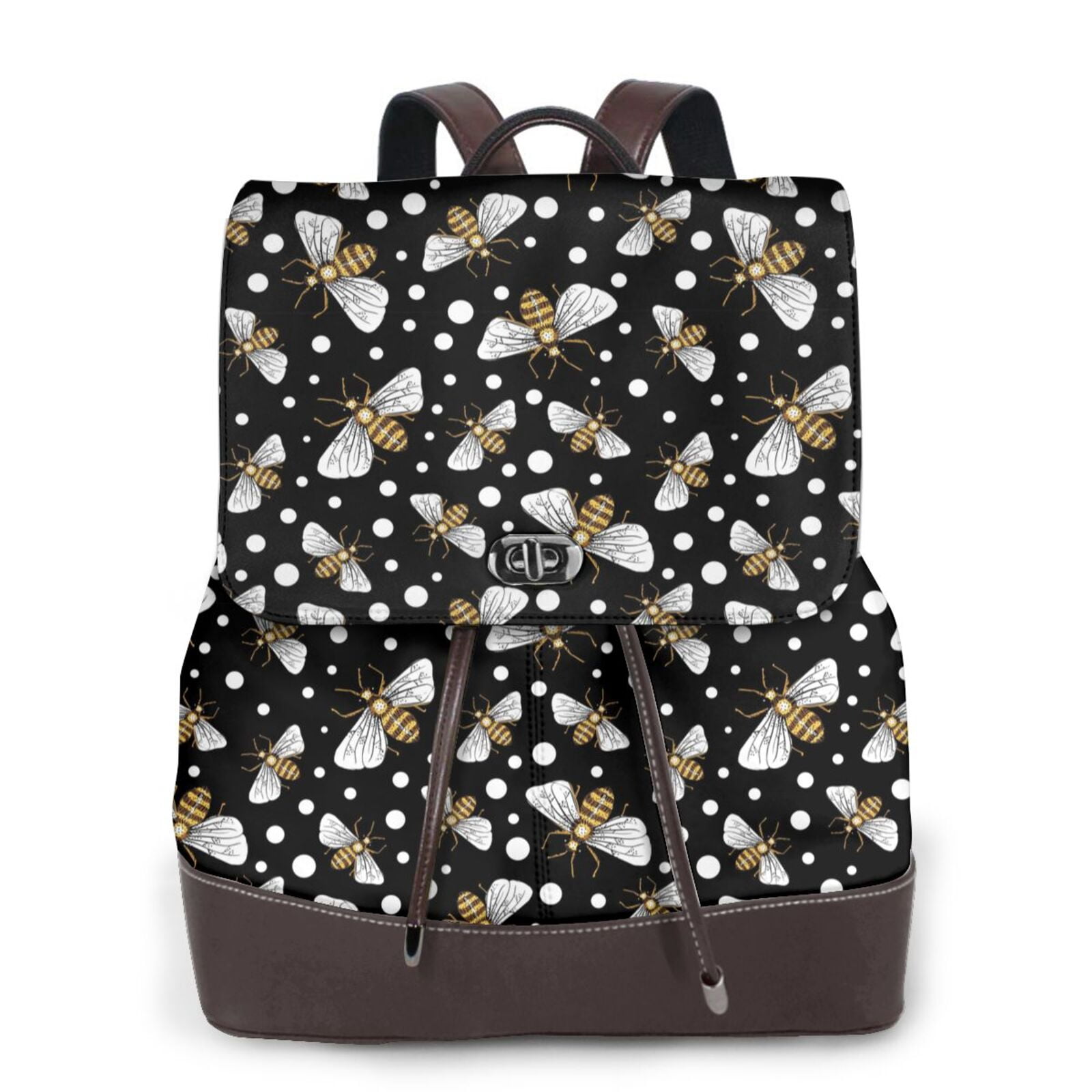 KLL Honey Bees at Night Print Leather Backpack,PU Leather Laptop ...
