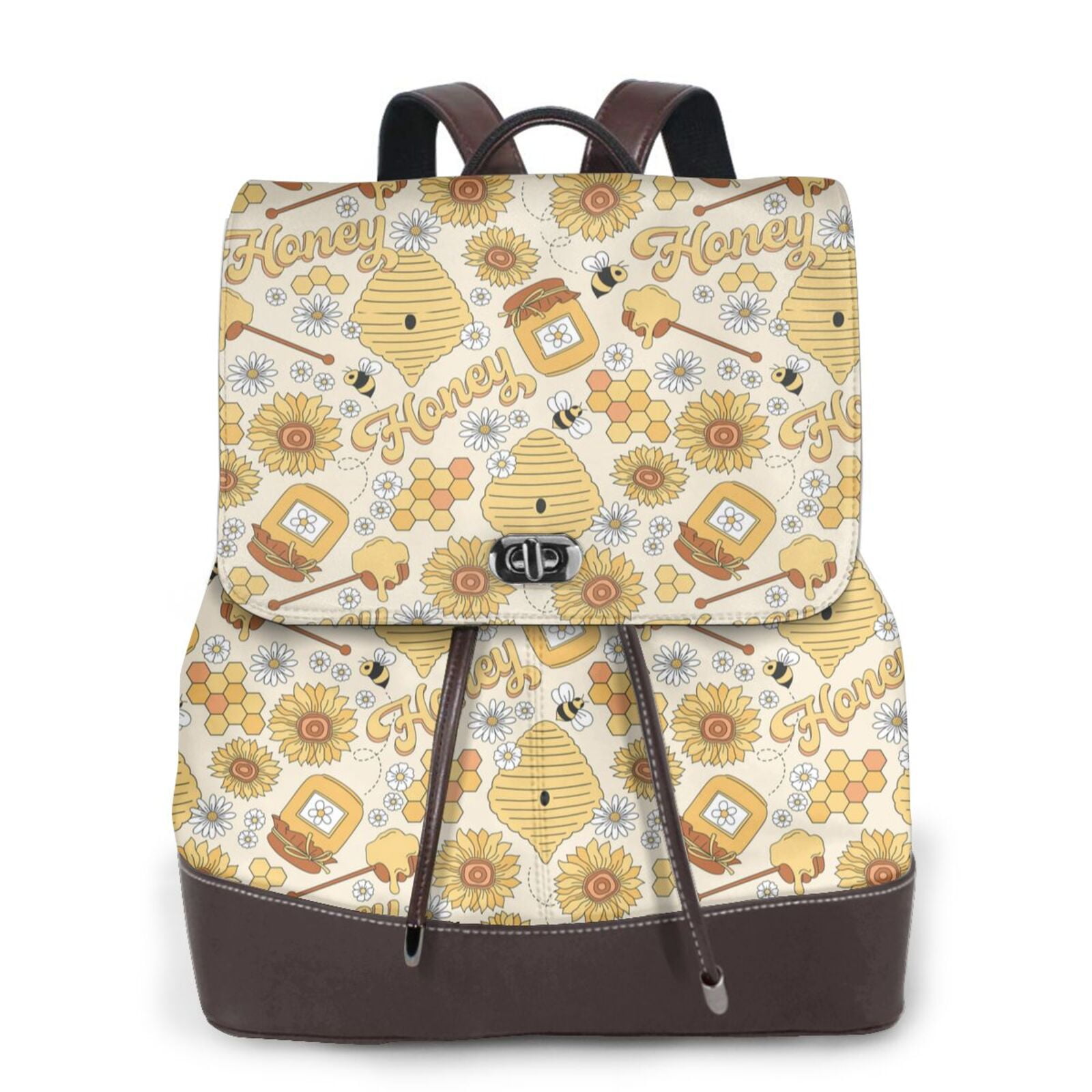 KLL Honey Honeycomb Print Leather Backpack,PU Leather Laptop Backpack ...
