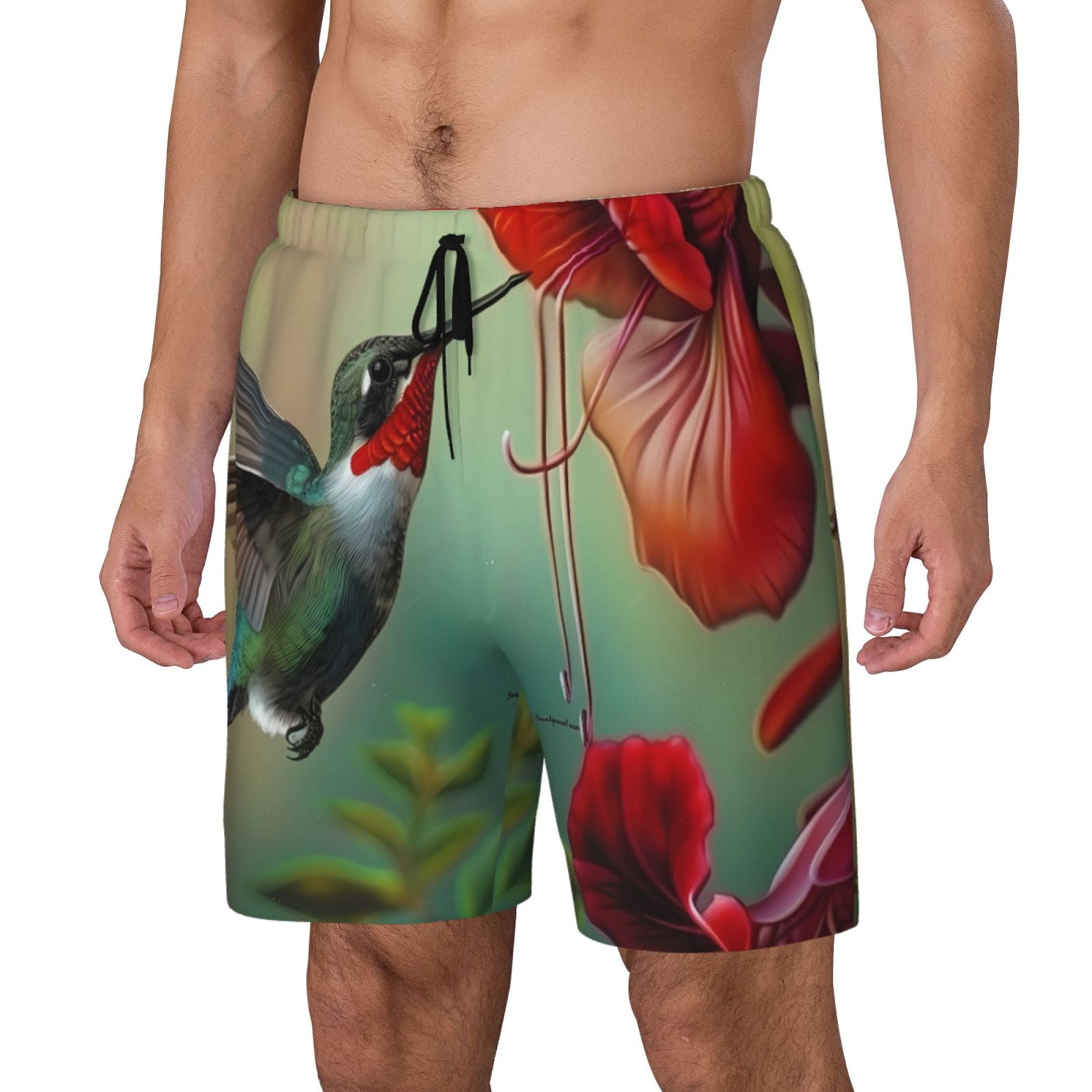 KLL Hummingbird Floral Paradise for Mens Swim Trunks Quick Dry Swim ...
