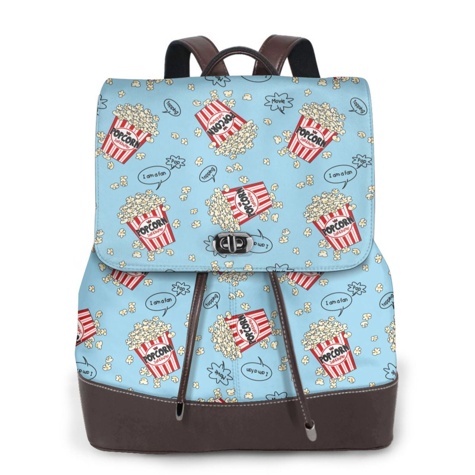 KLL I Am A Fan Popcorn Print Leather Backpack,PU Leather Laptop ...