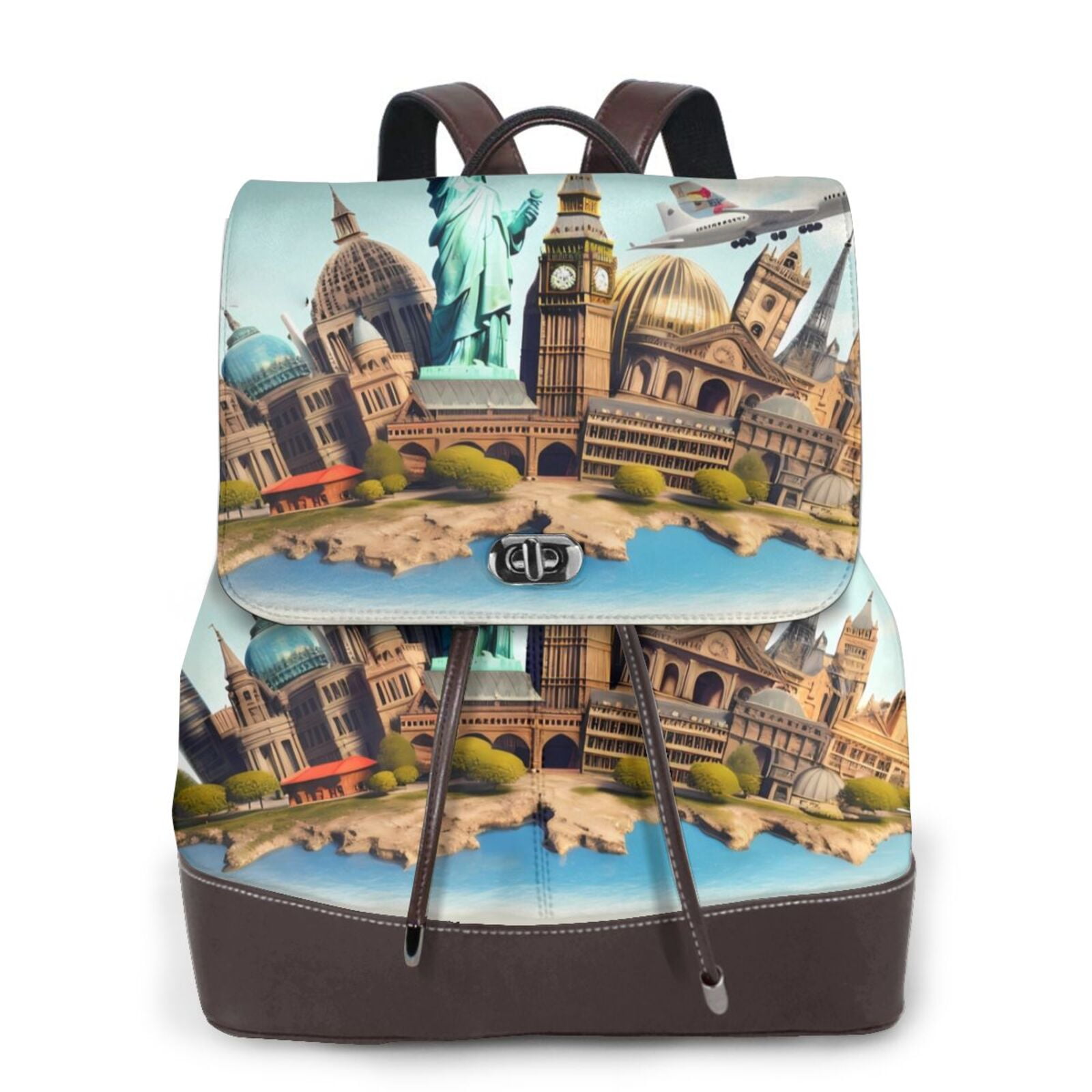 KLL Iconic Global Landmarks Print Leather Backpack,PU Leather Laptop ...