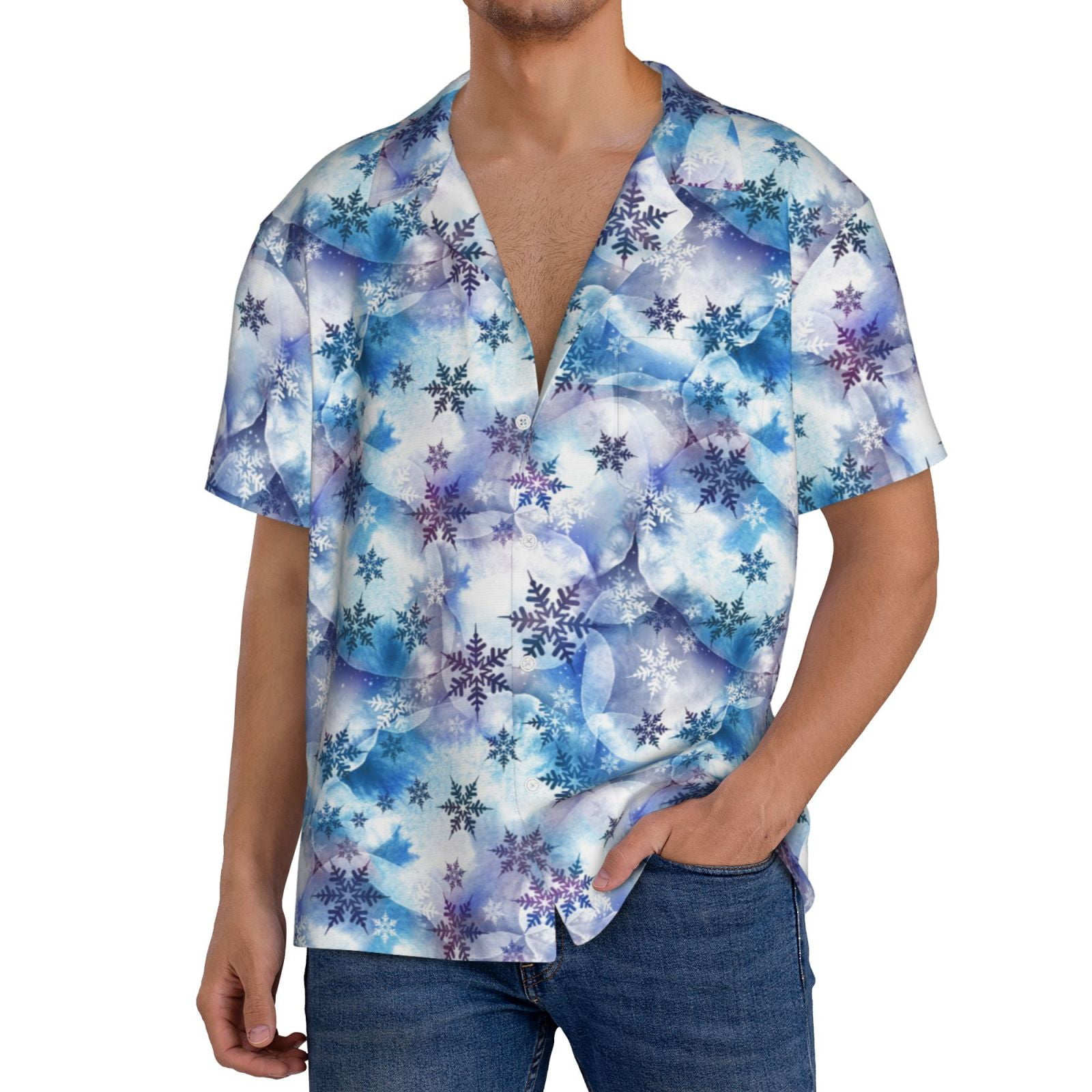 KLL Icy Blue Snowflakes Print Men's Shirt Short Sleeve Button Down ...