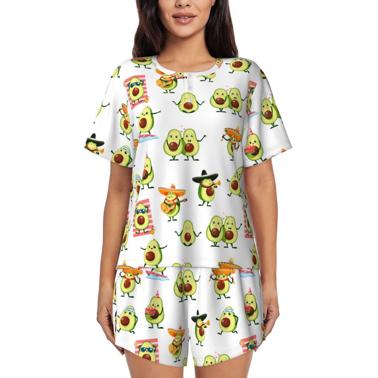 KLL Kawaii Mexican Avocado Print Pajama Set for Women Short Sleeve ...