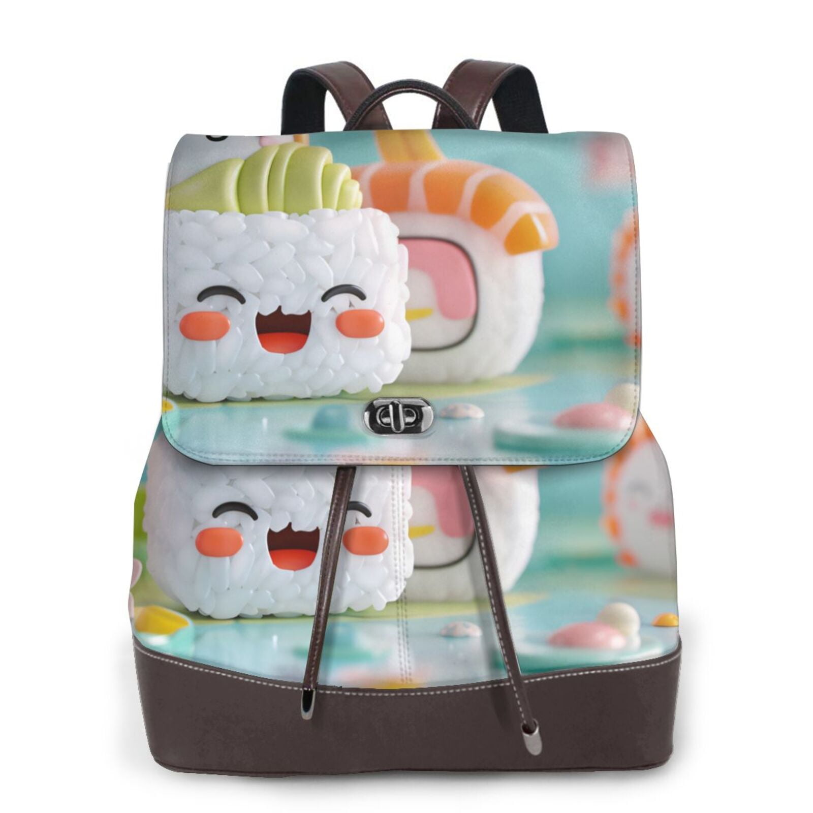 KLL Kawaii Sushi Characters Delight Print Leather Backpack,PU Leather ...