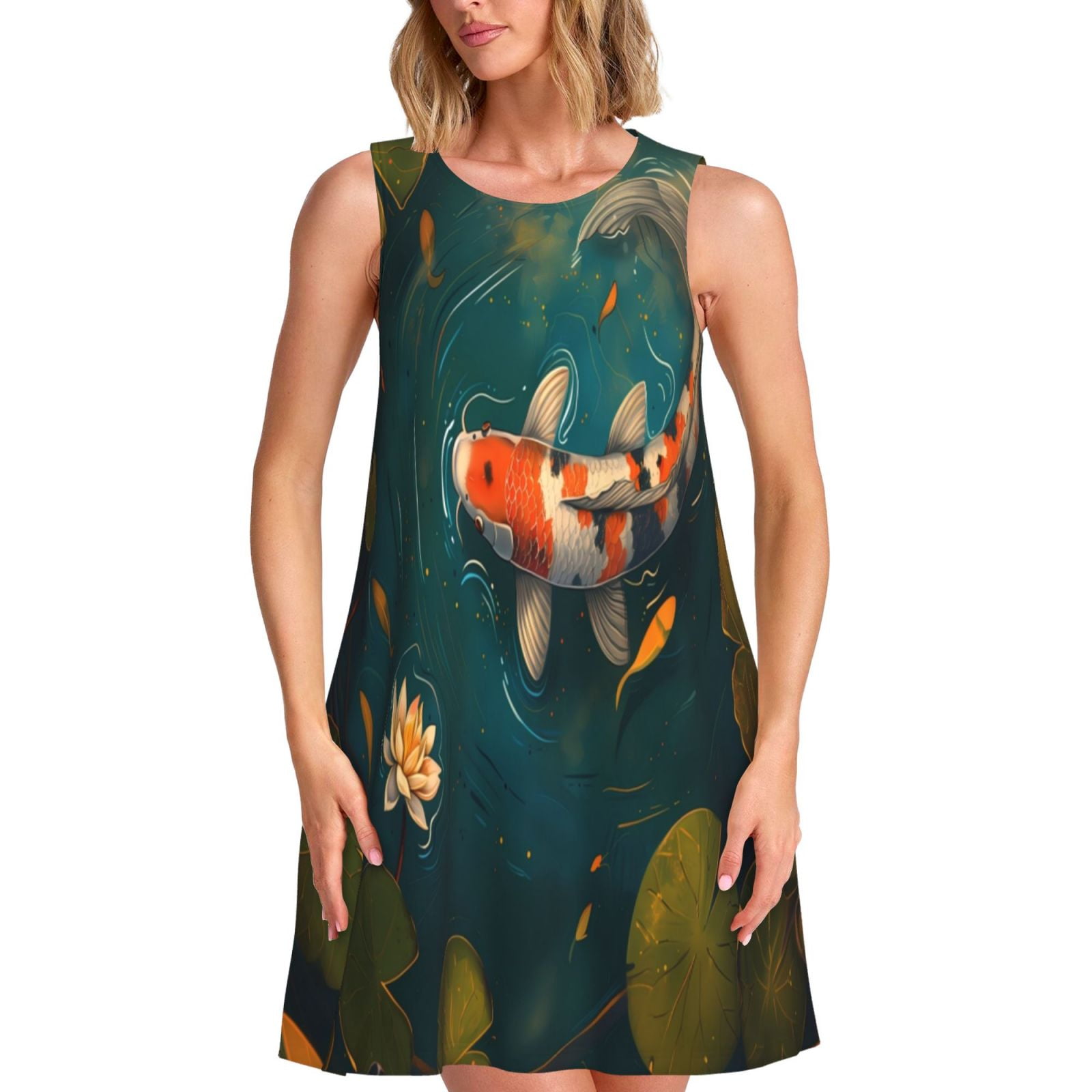 KLL Koi Pond Lilies Pattern Womens Summer Dresses 2025,Loose Round Neck ...
