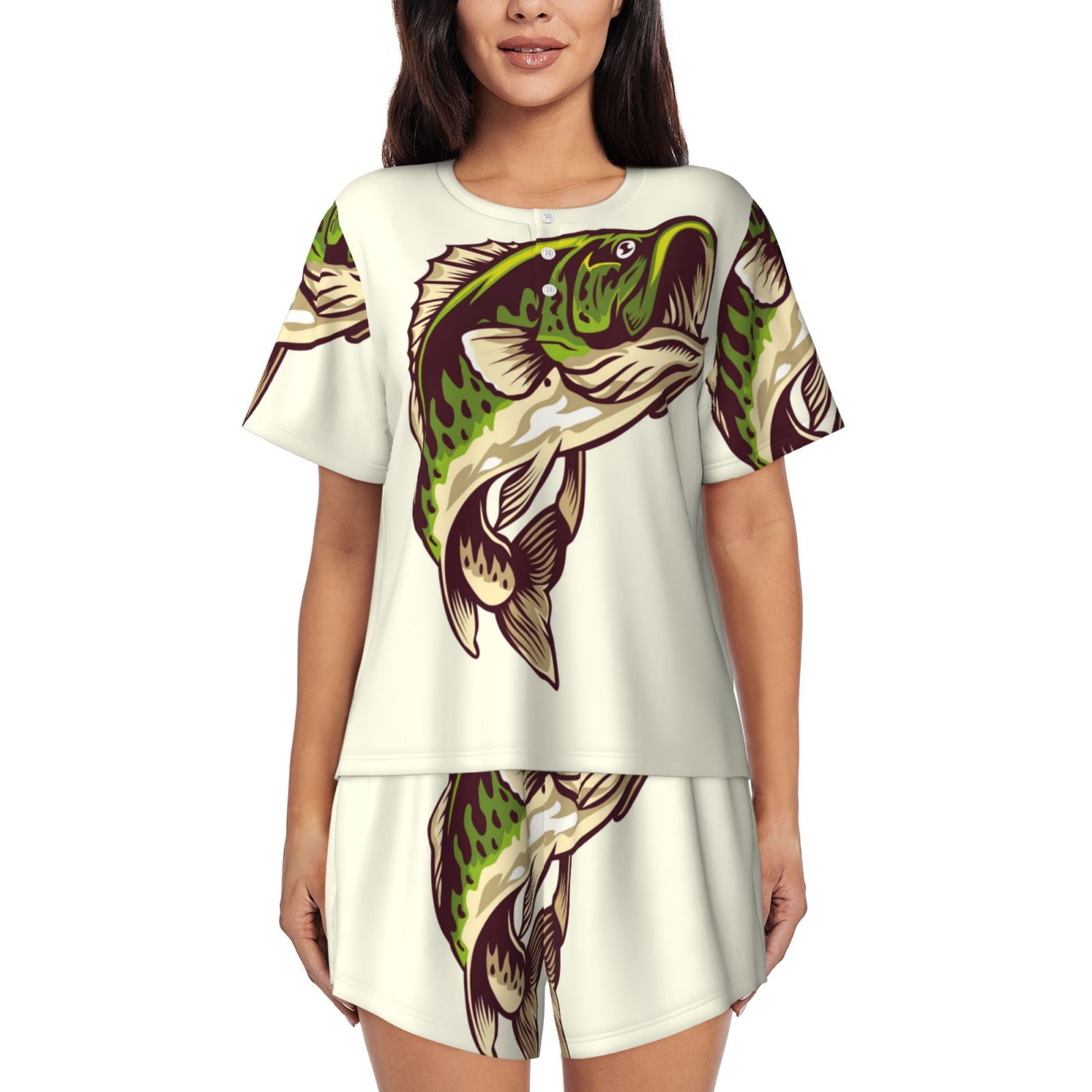 KLL Largemouth Bass Fish (3) Print Pajama Set for Women Short Sleeve ...
