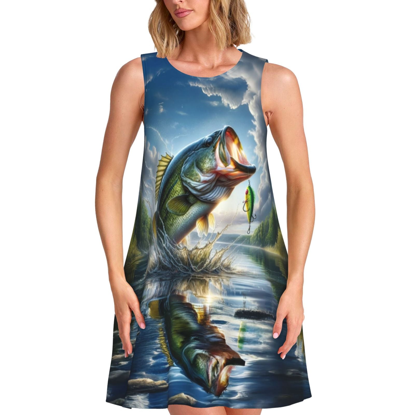 KLL Largemouth Bass Jumping Out of The Water Pattern Womens Summer Dresses 2025,Loose Round Neck ...