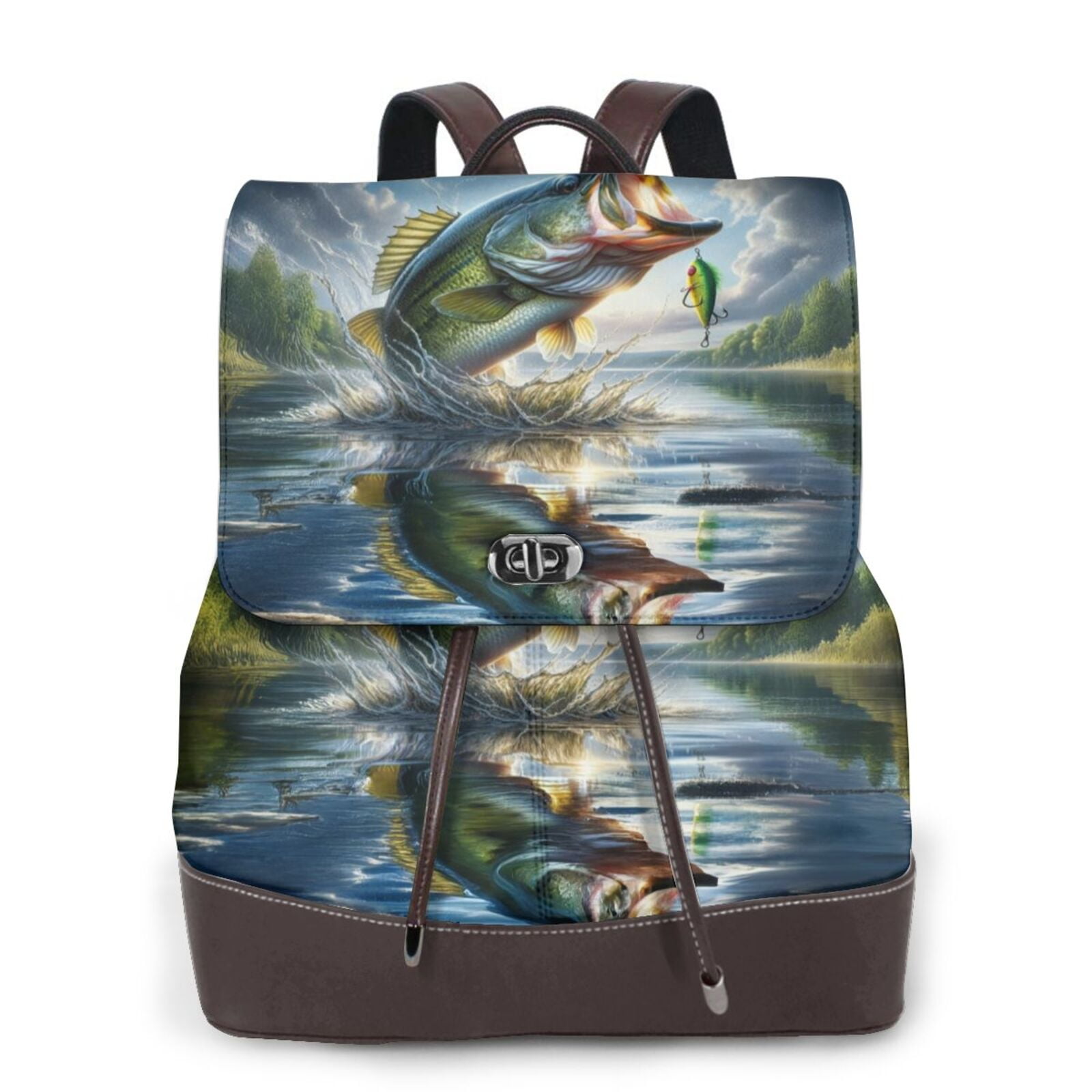 KLL Largemouth Bass Jumping Out of The Water Print Leather Backpack,PU ...