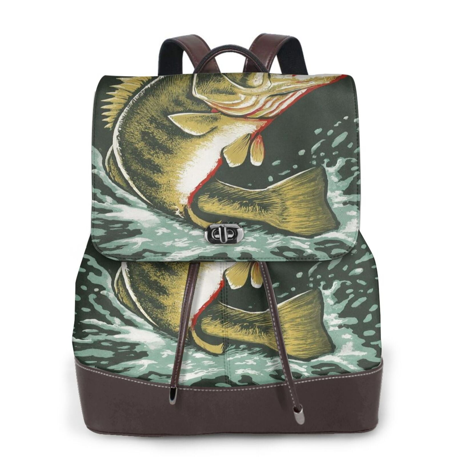 KLL Largemouth Bass jumps out of water Print Leather Backpack,PU ...