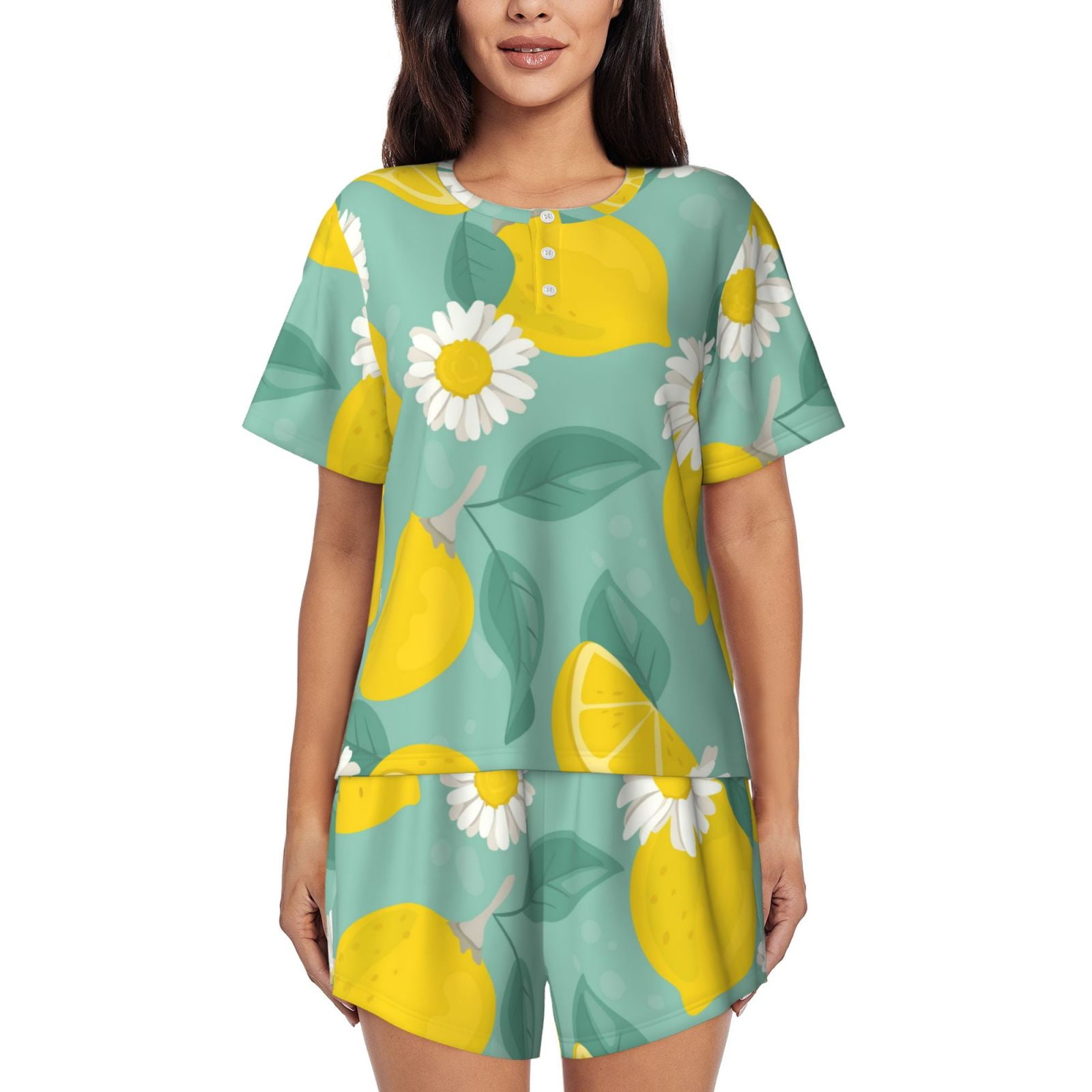 KLL Lemons Chamomile Flowers And Leaves Print Pajama Set for Women Short Sleeve Sleepwear Pjs ...