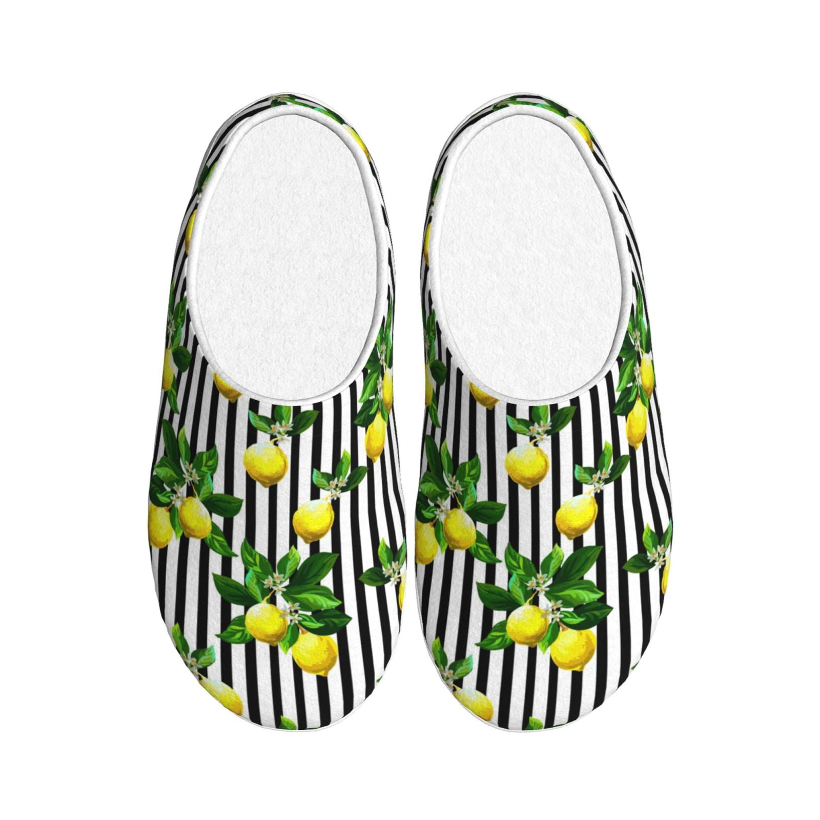 KLL Lemons on Striped Pattern Adult Unisex Cozy Slippers,Fuzzy Slip-on ...