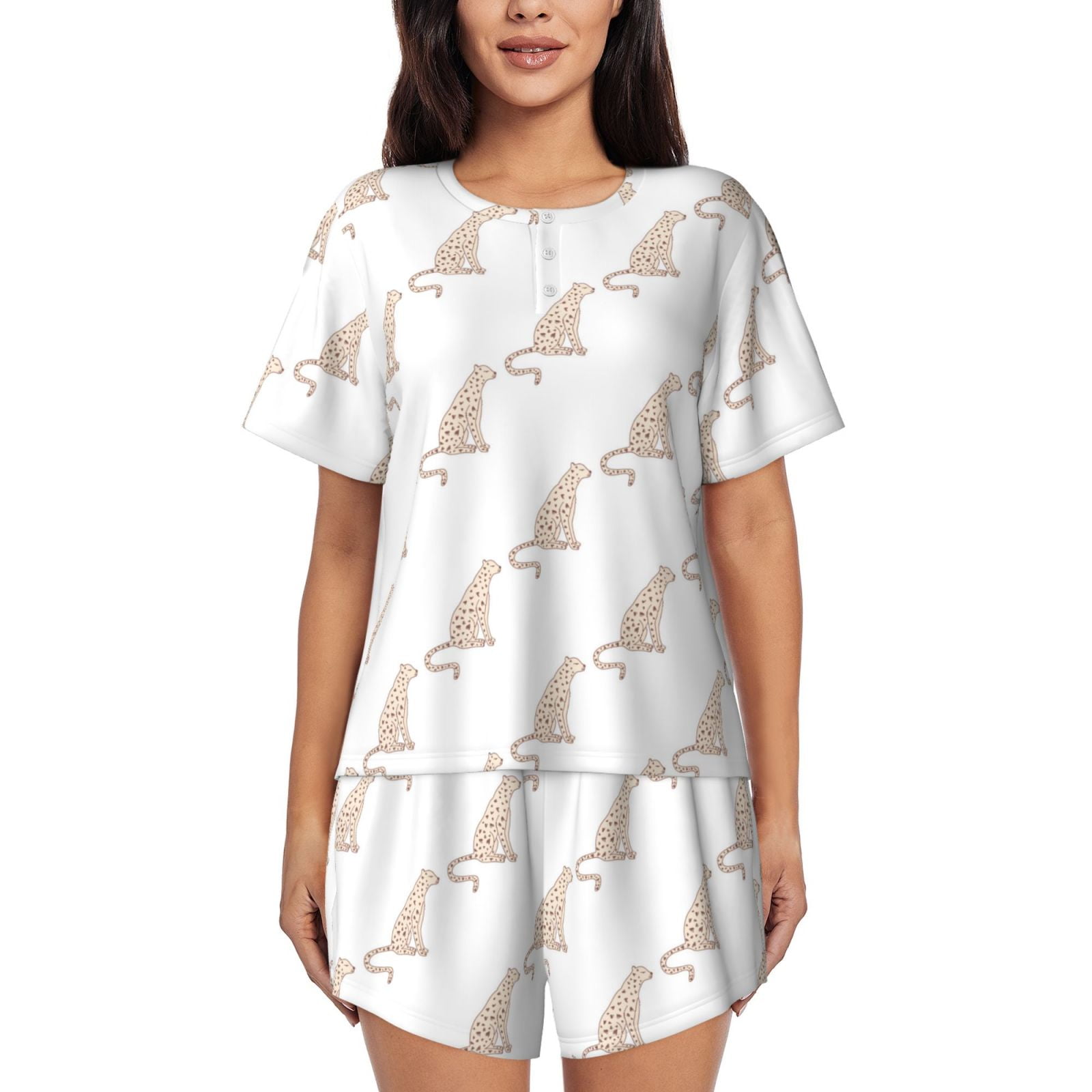 KLL Leopard Print Print Pajama Set for Women Short Sleeve Sleepwear Pjs ...